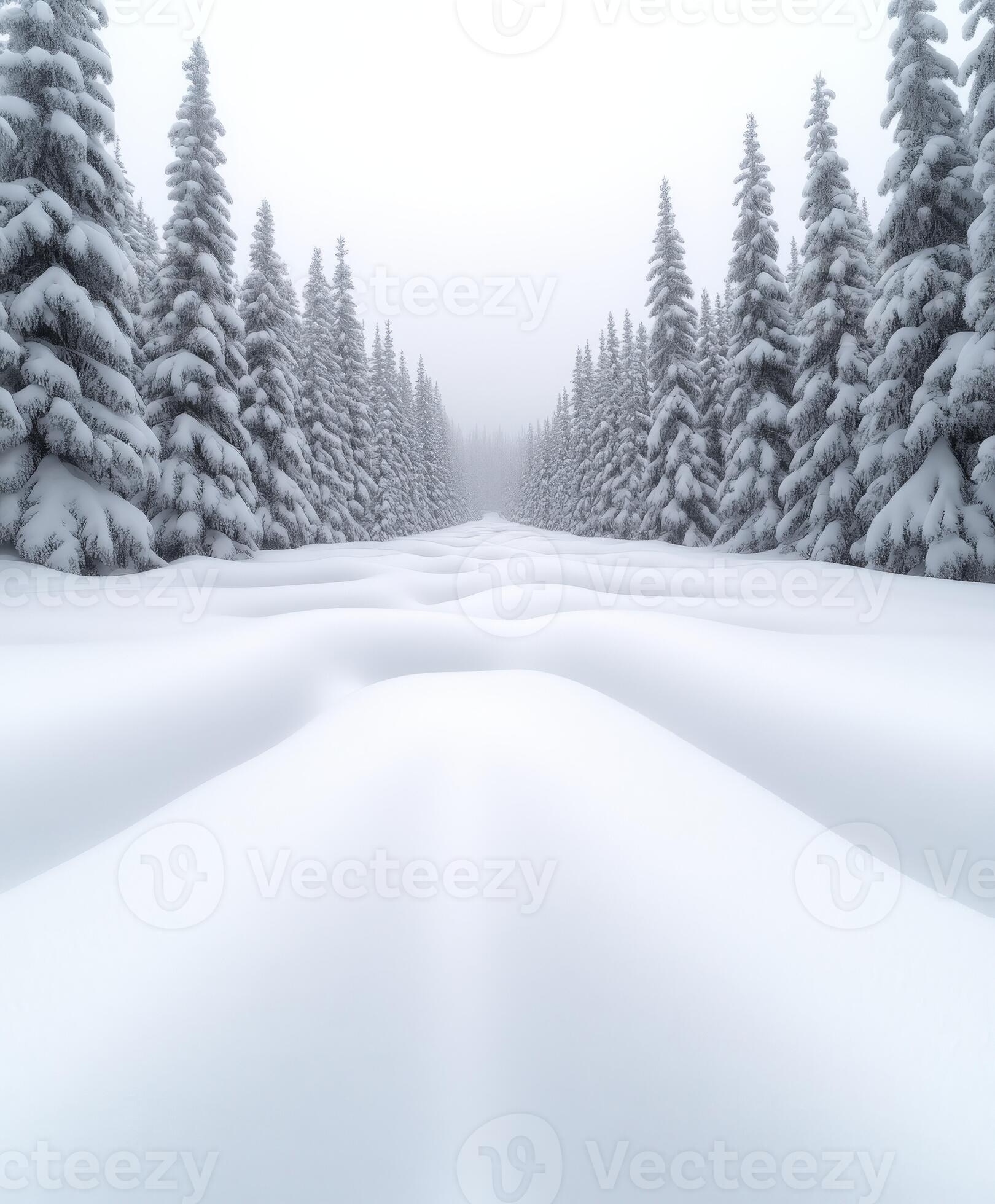 Snow-covered forest path leads into a winter wonderland view 52948278 Stock Photo at Vecteezy