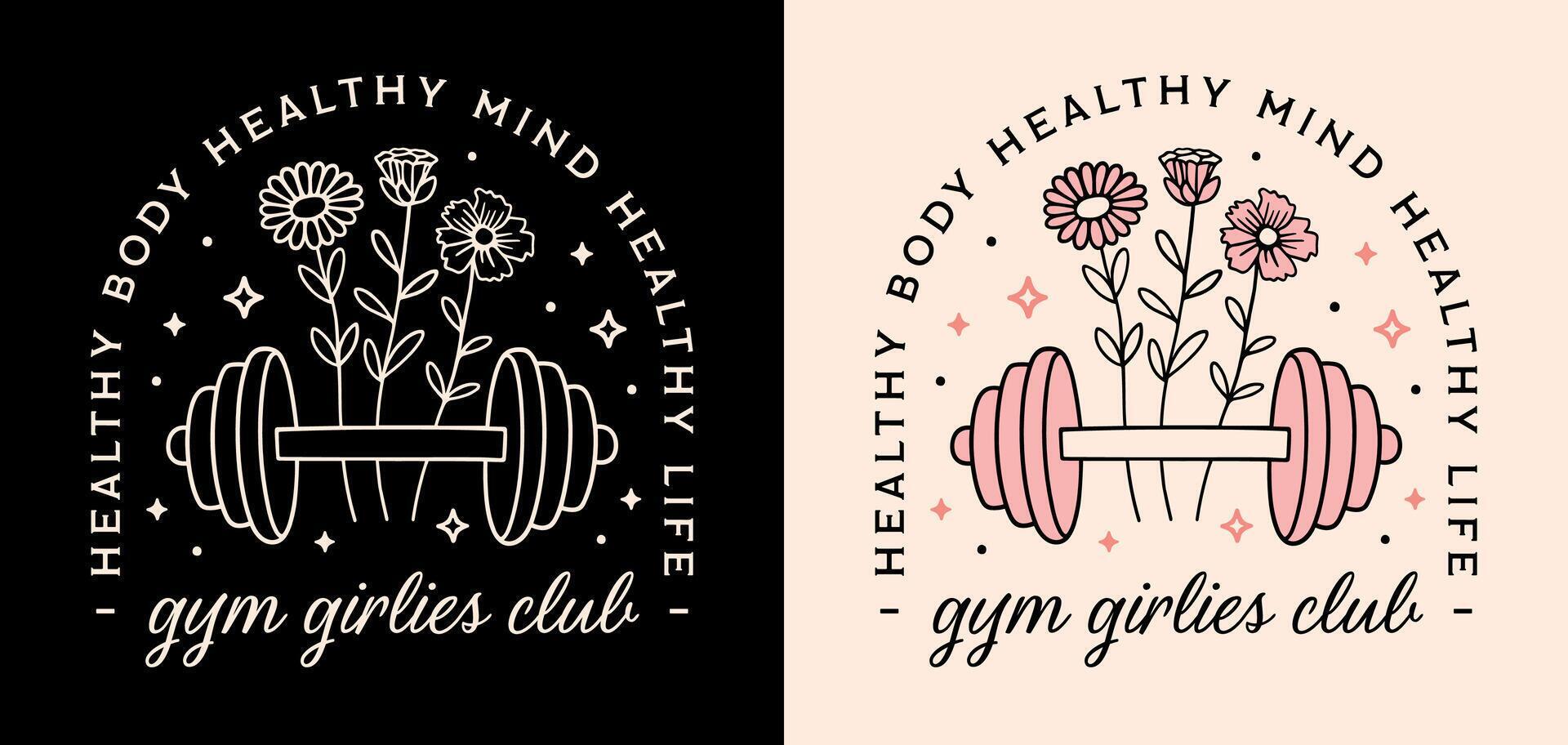 Gym girlies club fit girls floral dumbbell drawing badge sticker shirt ...