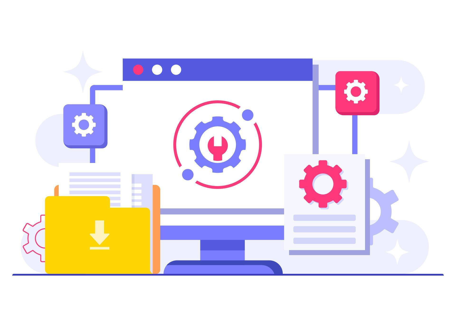 Computer Software Update Flat Illustration System Maintenance Error Fixing Trouble Device