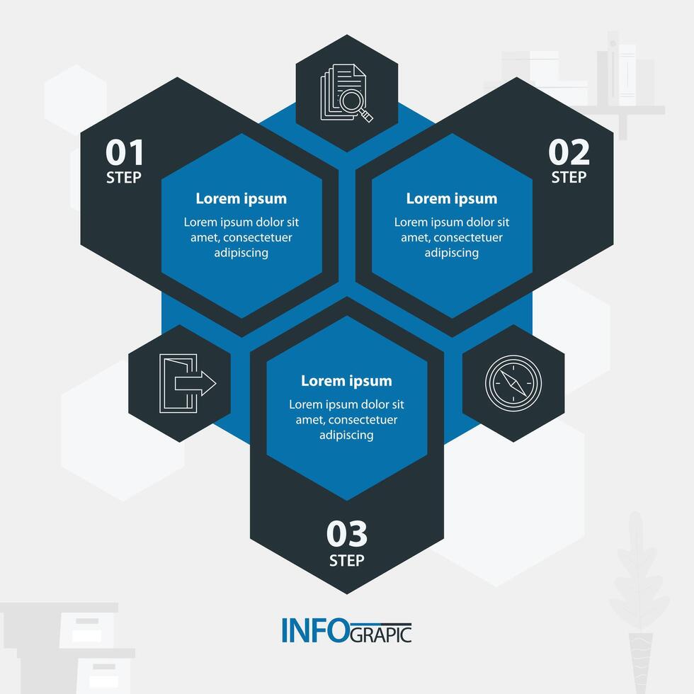 Infographic design illustrating a three-step process in a modern office setting with hexagonal ...