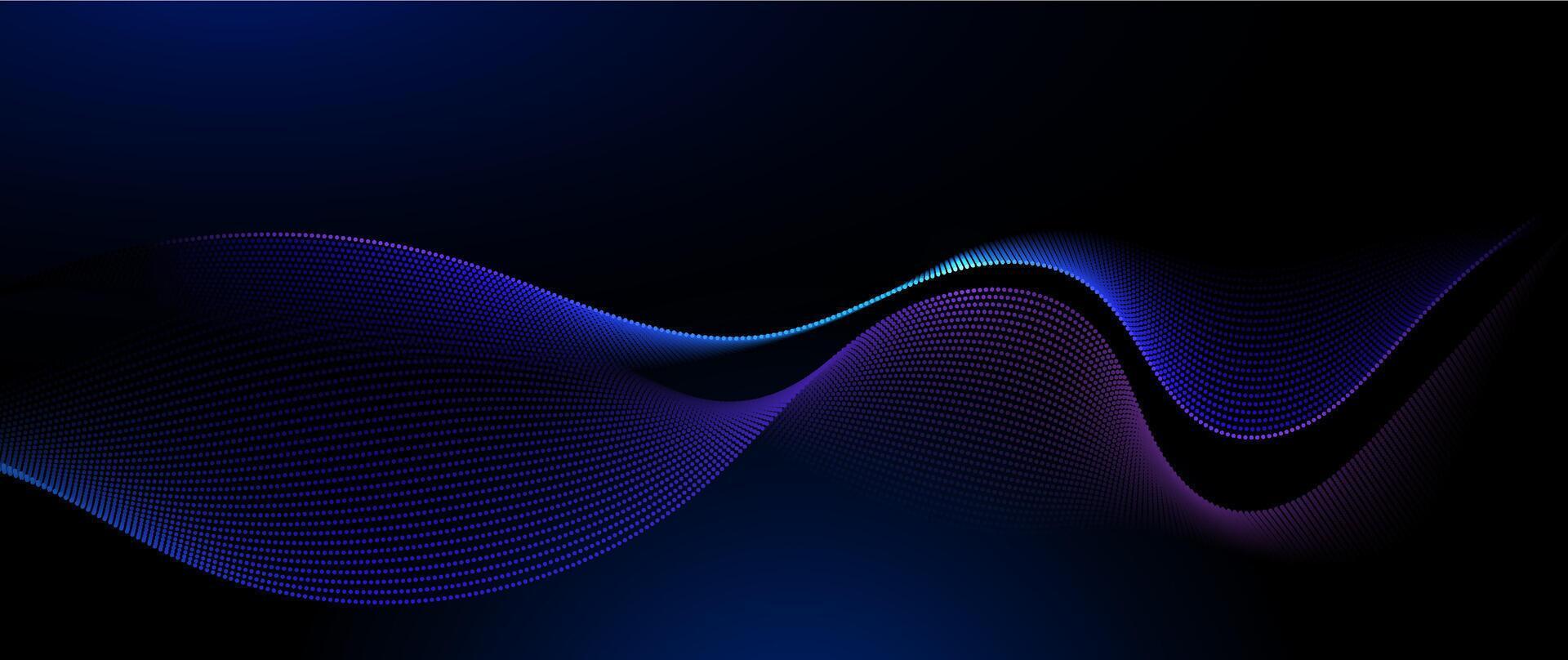 Abstract flowing wave line, particle dot pattern, neon light on dark blue gradient background ...