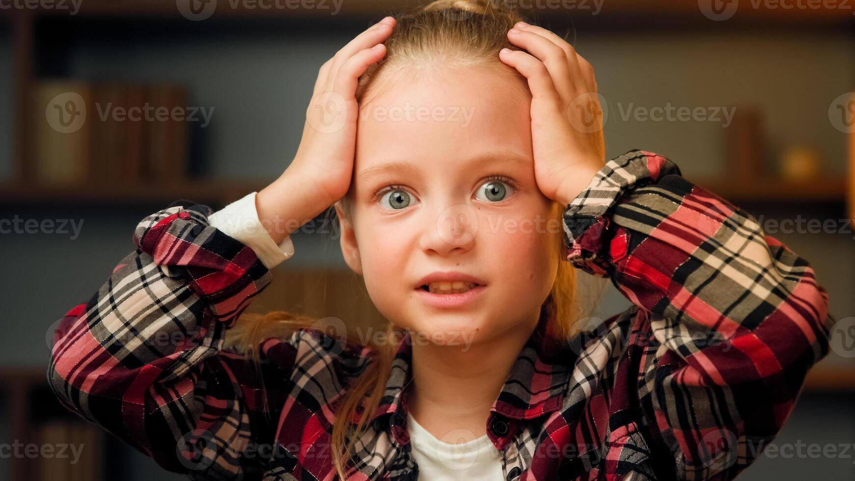 Scared young little girl shocked confused child feeling bullied abandoned alone caucasian blonde ...