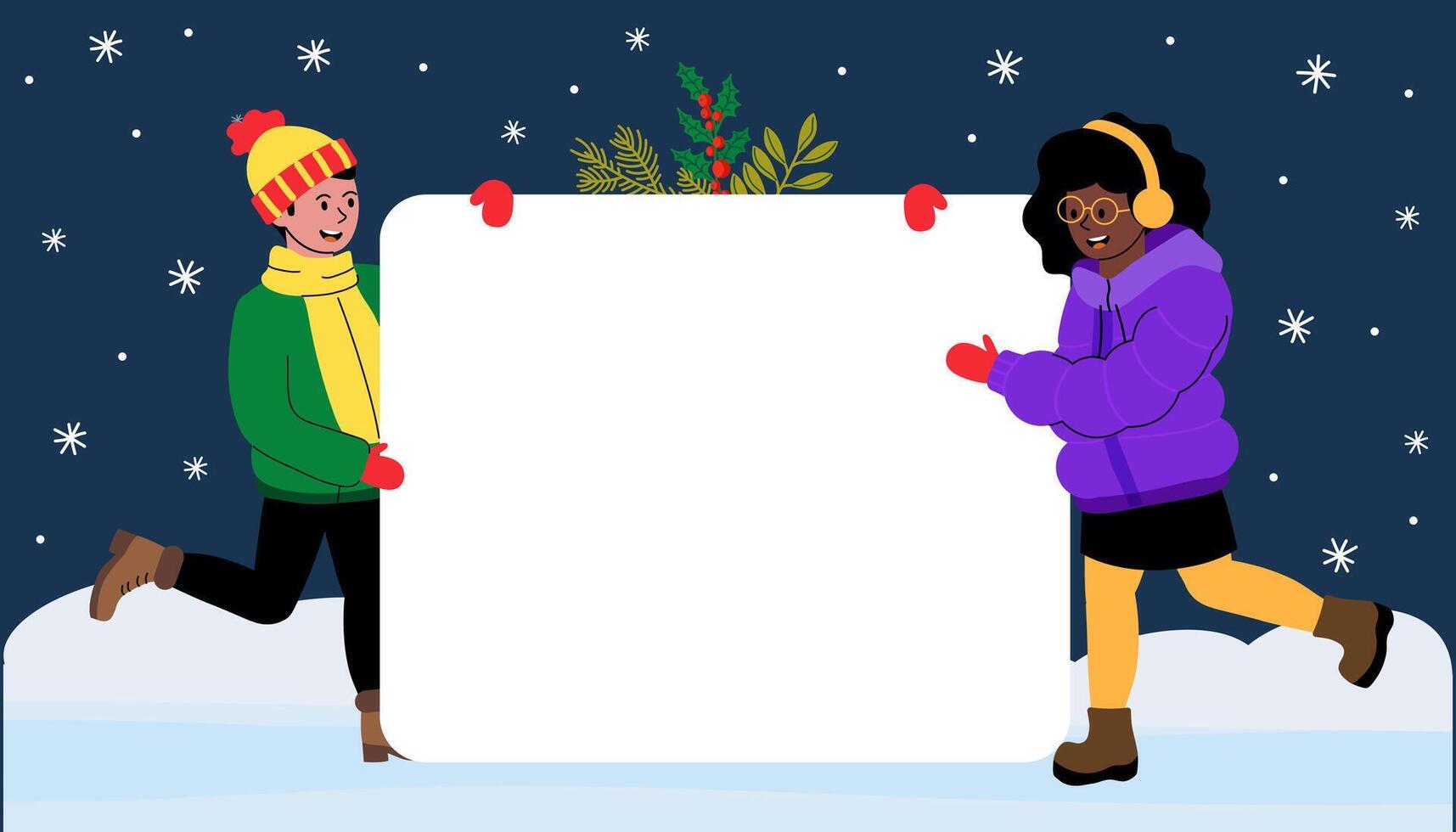 Children enjoying winter season while holding a blank sign in a snowy ...