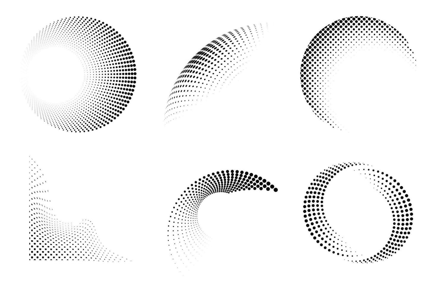 Set of halftone dots curved gradient pattern texture isolated on white background. Curve dotted ...