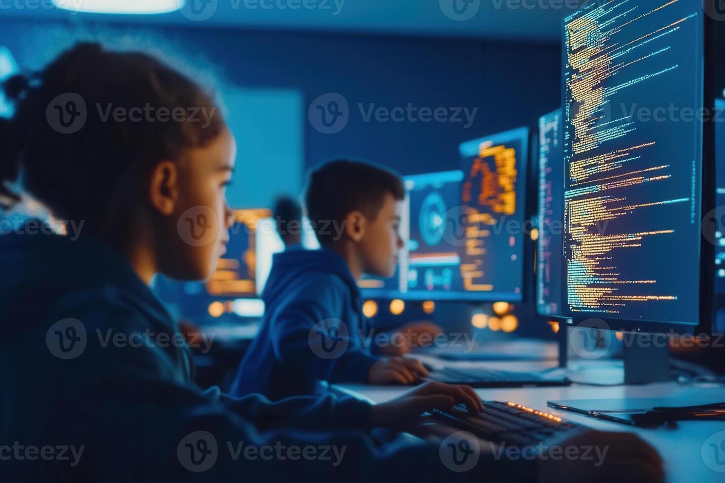 Smart diverse group of elementary school students learning programming ...