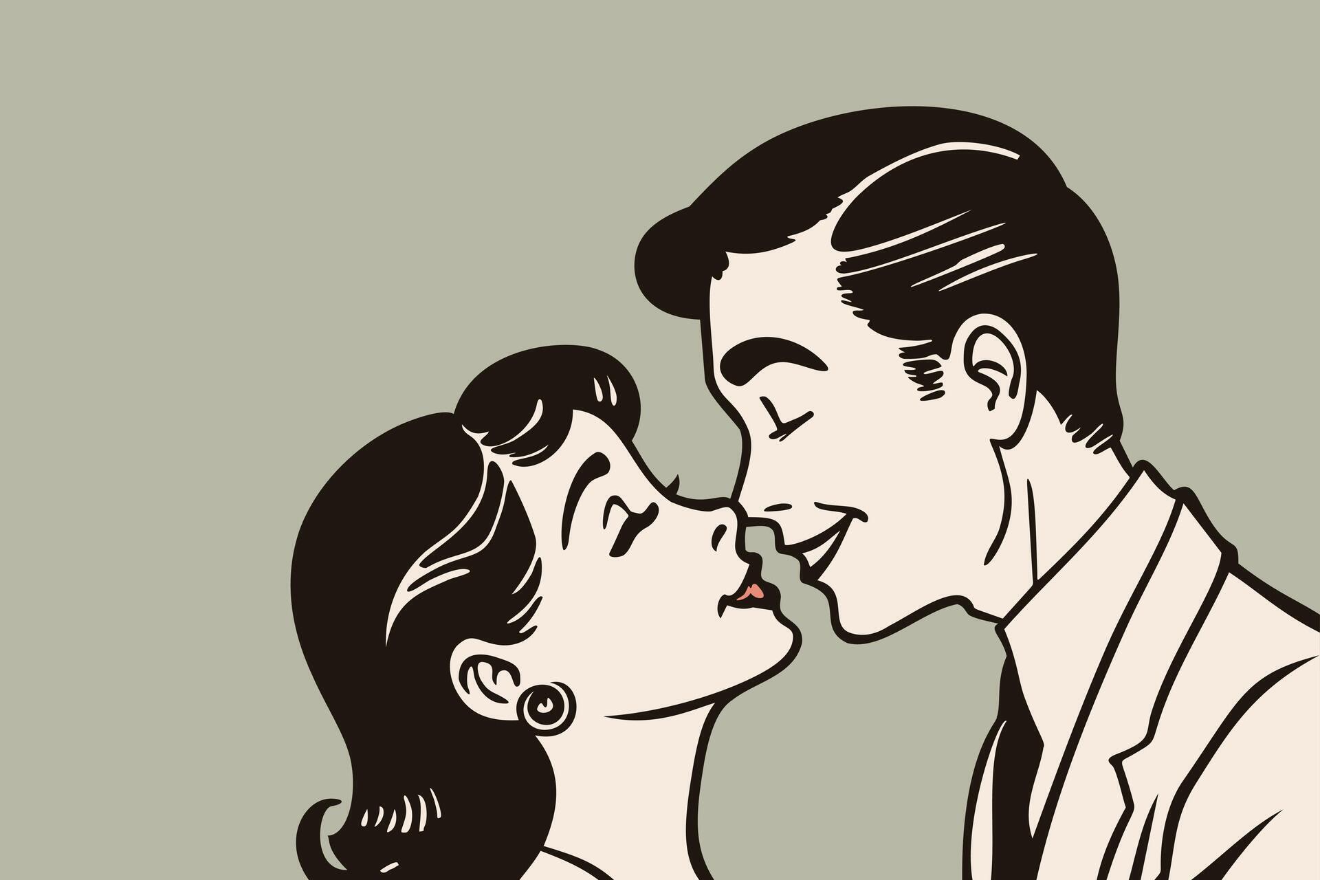 Kissing couple in retro style. illustration. Happy Valentine's Day. Love and flirt concept ...