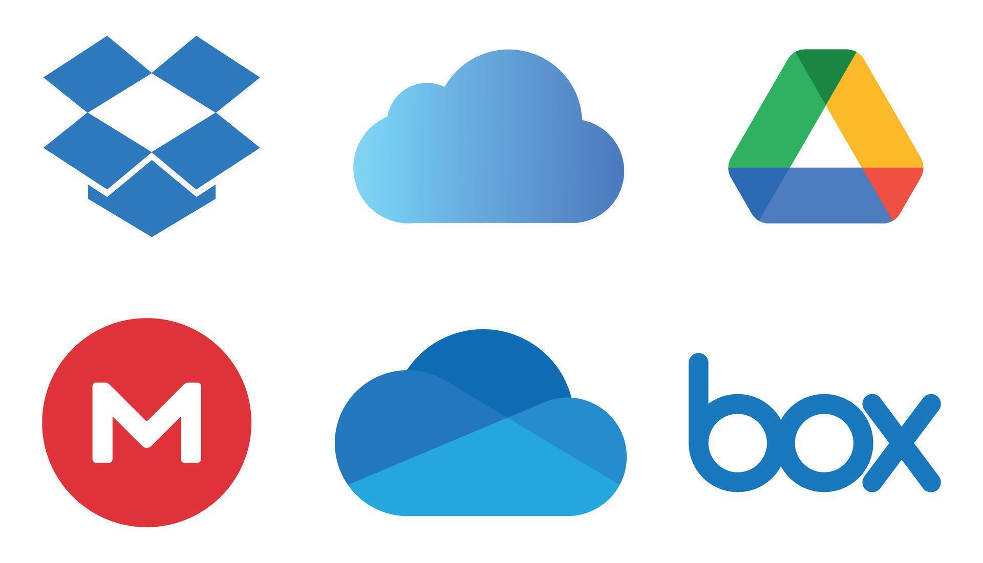 Popular cloud storage service logo set. Google drive, Dropbox, OneDrive, Amazon Drive and more ...