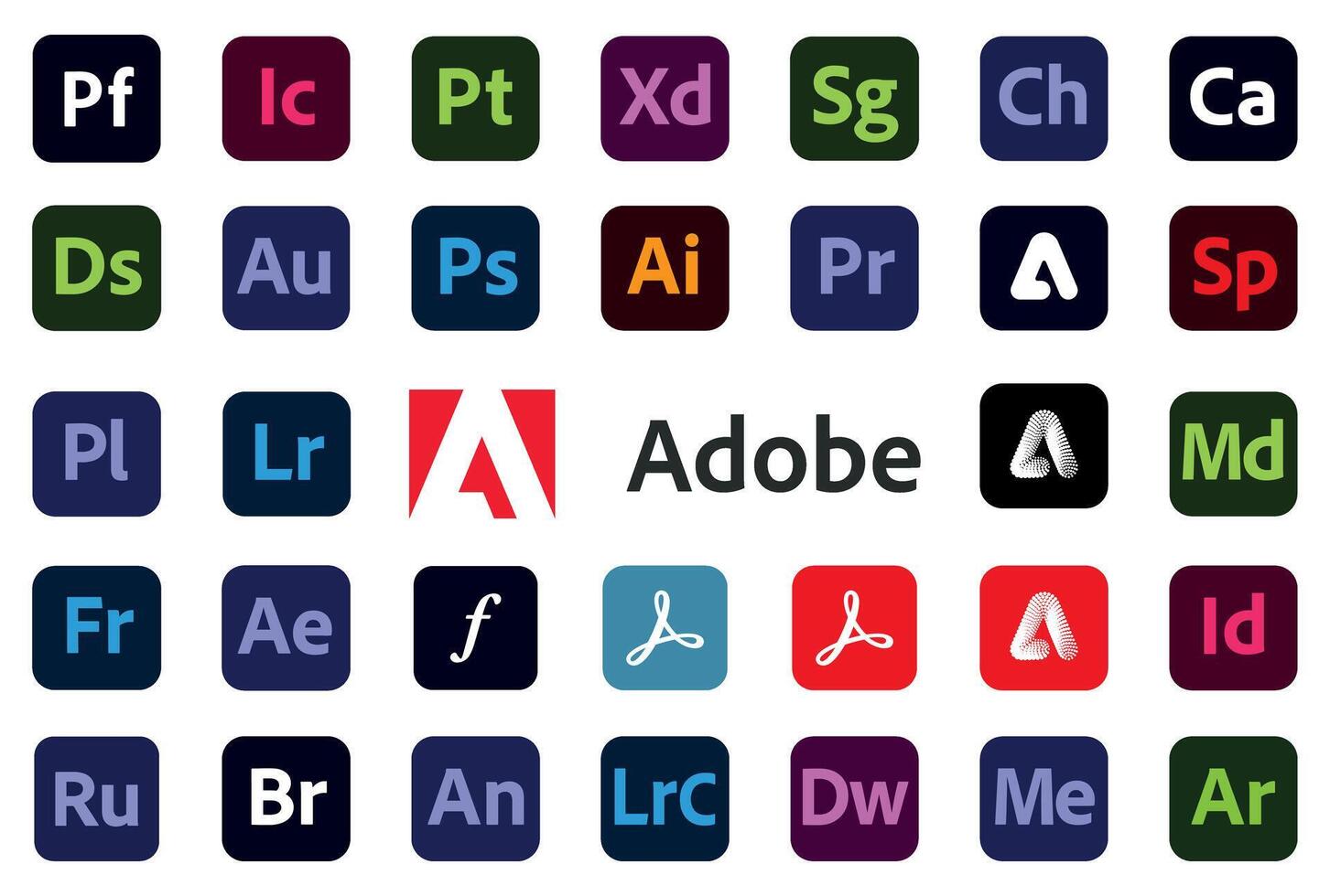 Adobe product logotype icon big set. Photoshop, Illustrator, Premier ...