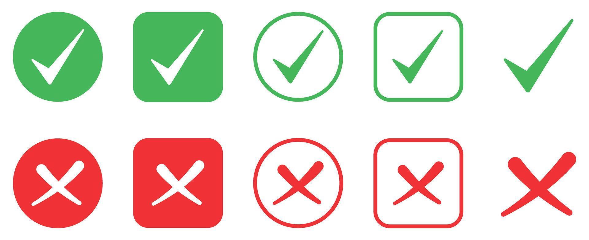 Set of check marks and cross mark. Check box icon with yes or no checkmark icons. Circle and ...