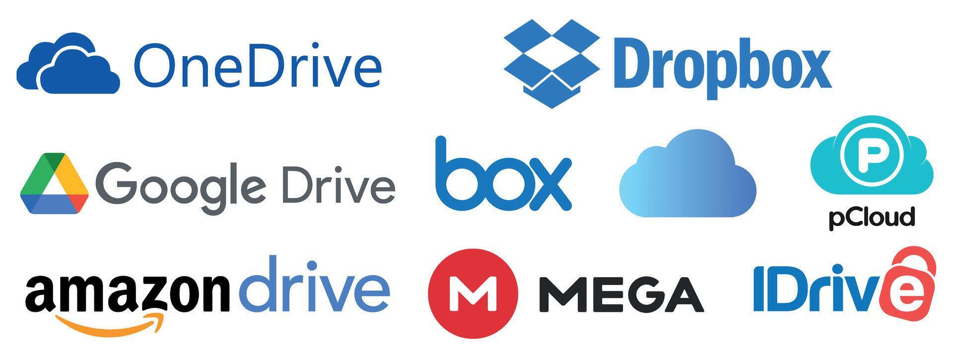 Popular cloud storage service logo set. Google drive, Dropbox, OneDrive, Amazon Drive, IDrive ...