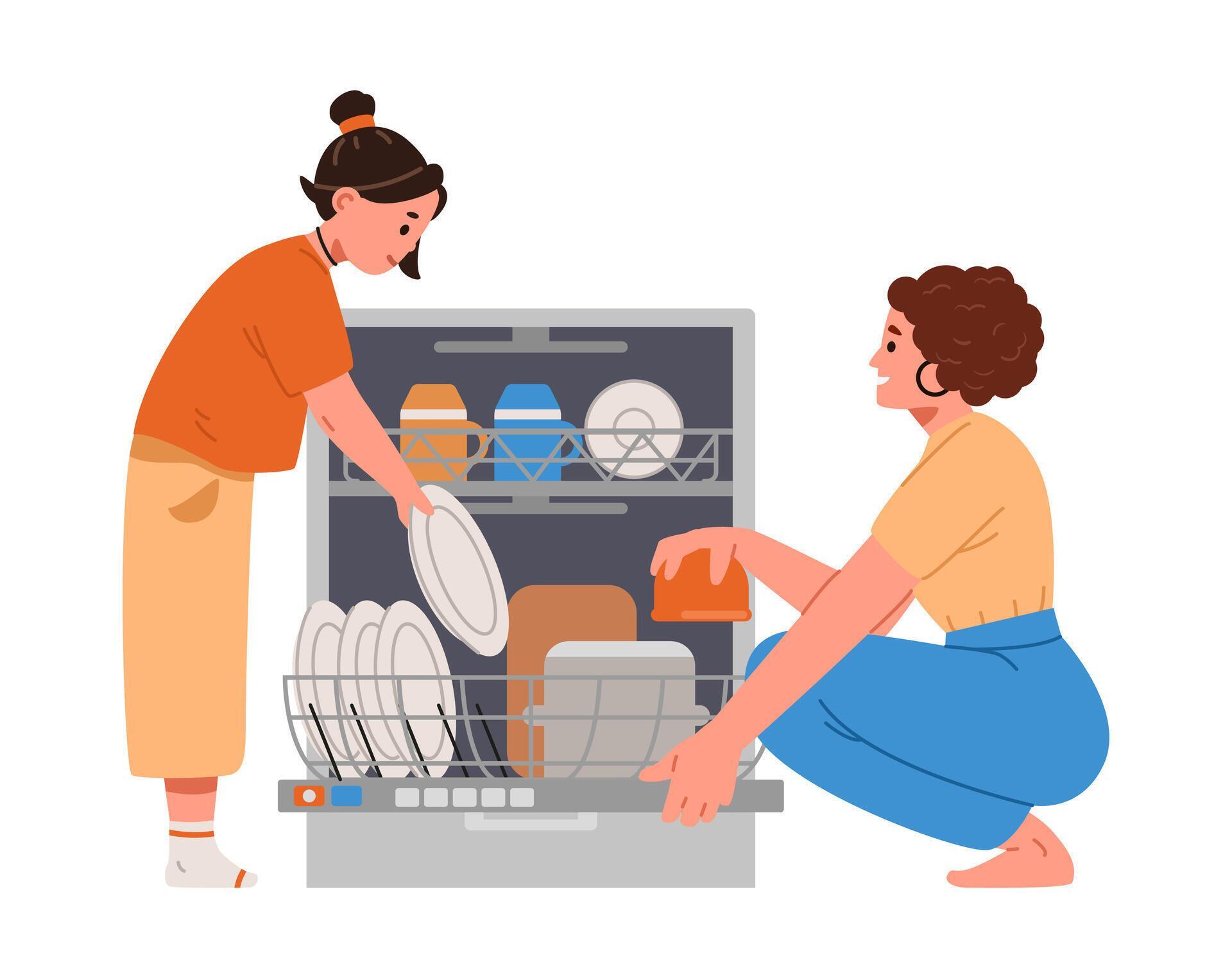 Mother and daughter loading dishwasher flat illustration isolated on white. Family doing house ...