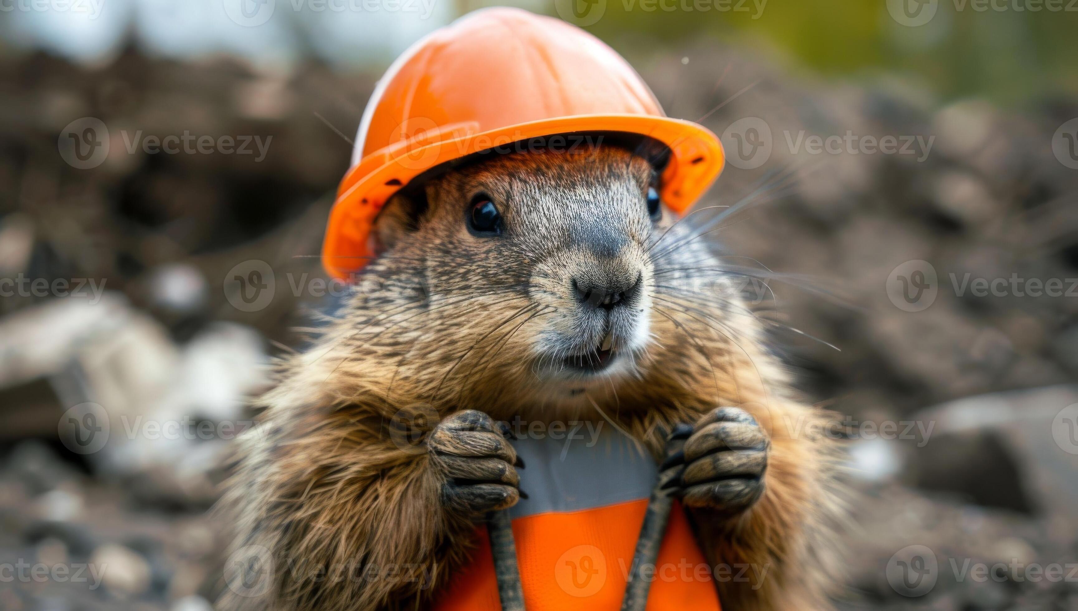 Marmot worker. Construction of building. Industry rodent builder in yellow helmet. Safety ...