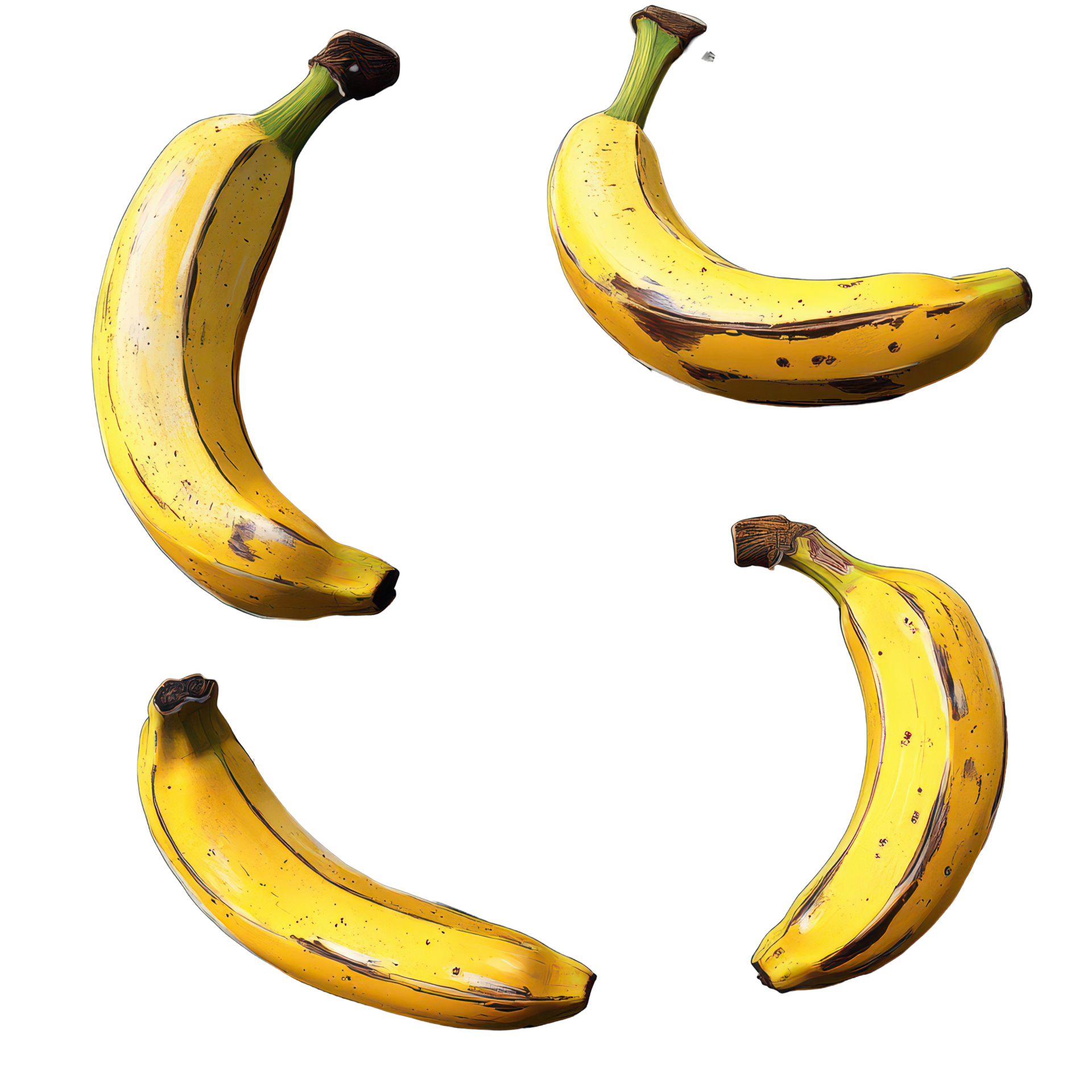 Variety of fresh bananas arranged from different angles on a plain ...