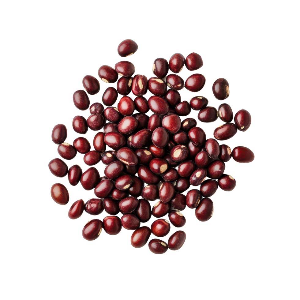 Fresh azuki beans arranged on a transparent background showcasing their deep red color and ...