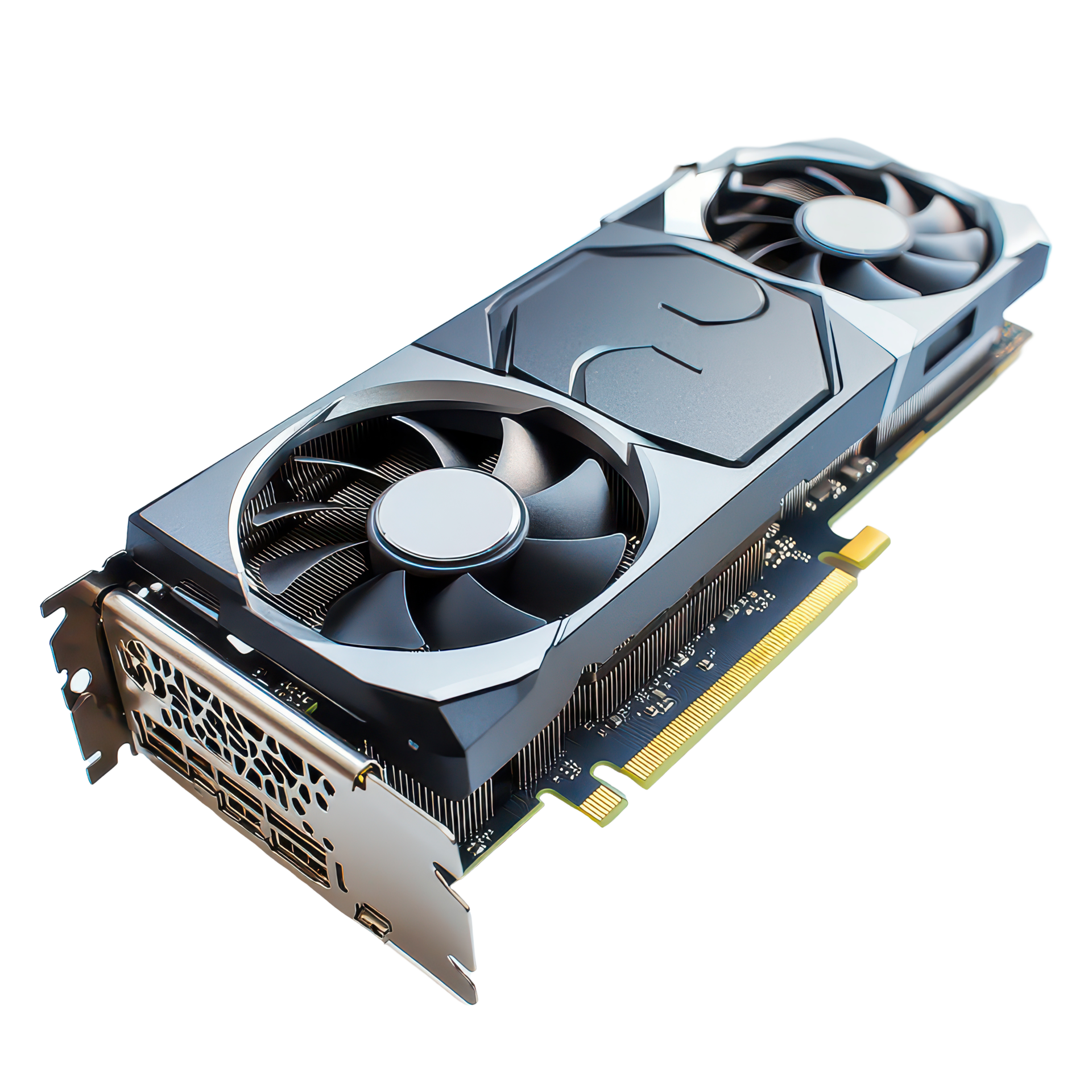 A detailed view of a modern computer graphics card displayed on a clean ...