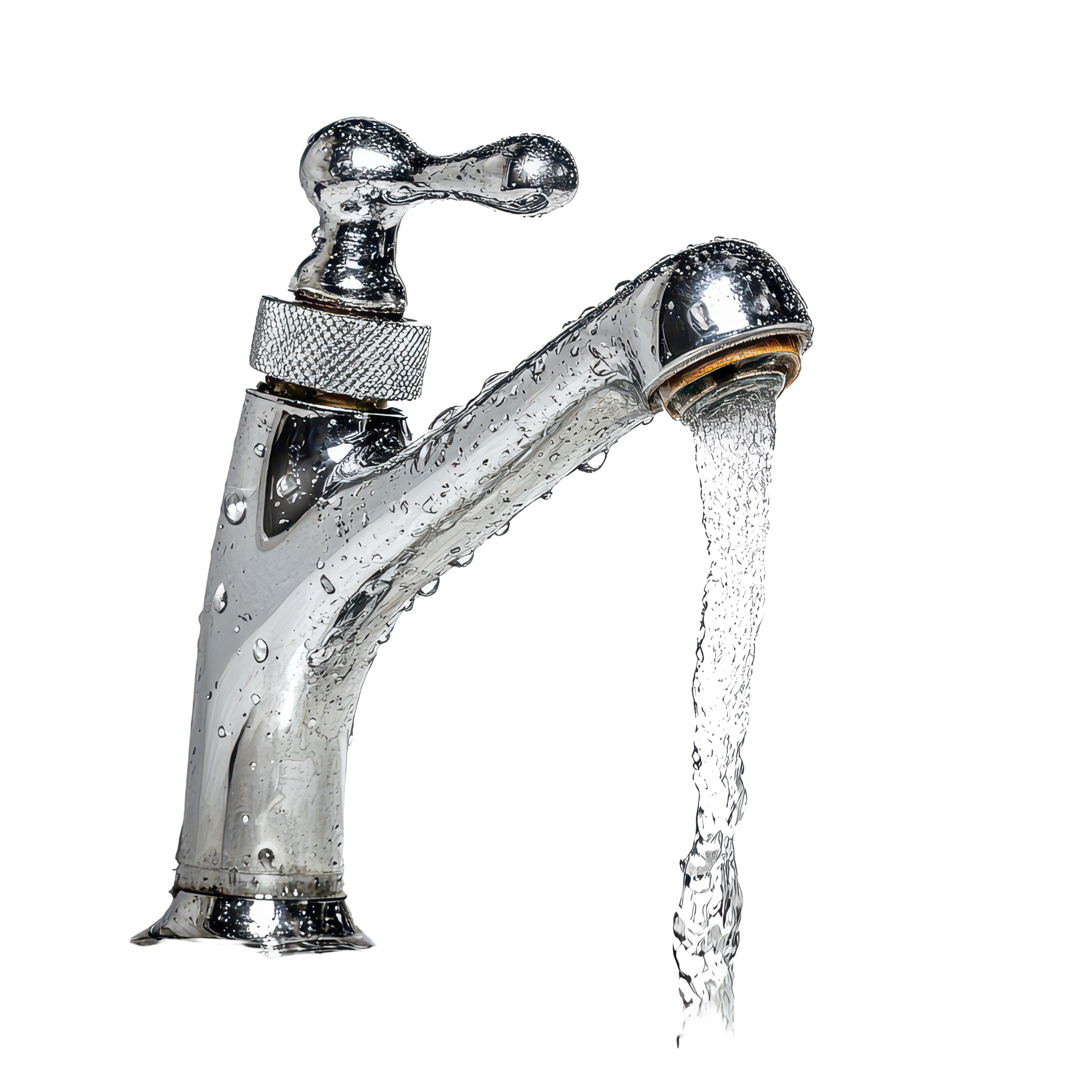 Water flows from a modern chrome faucet against a transparent ...