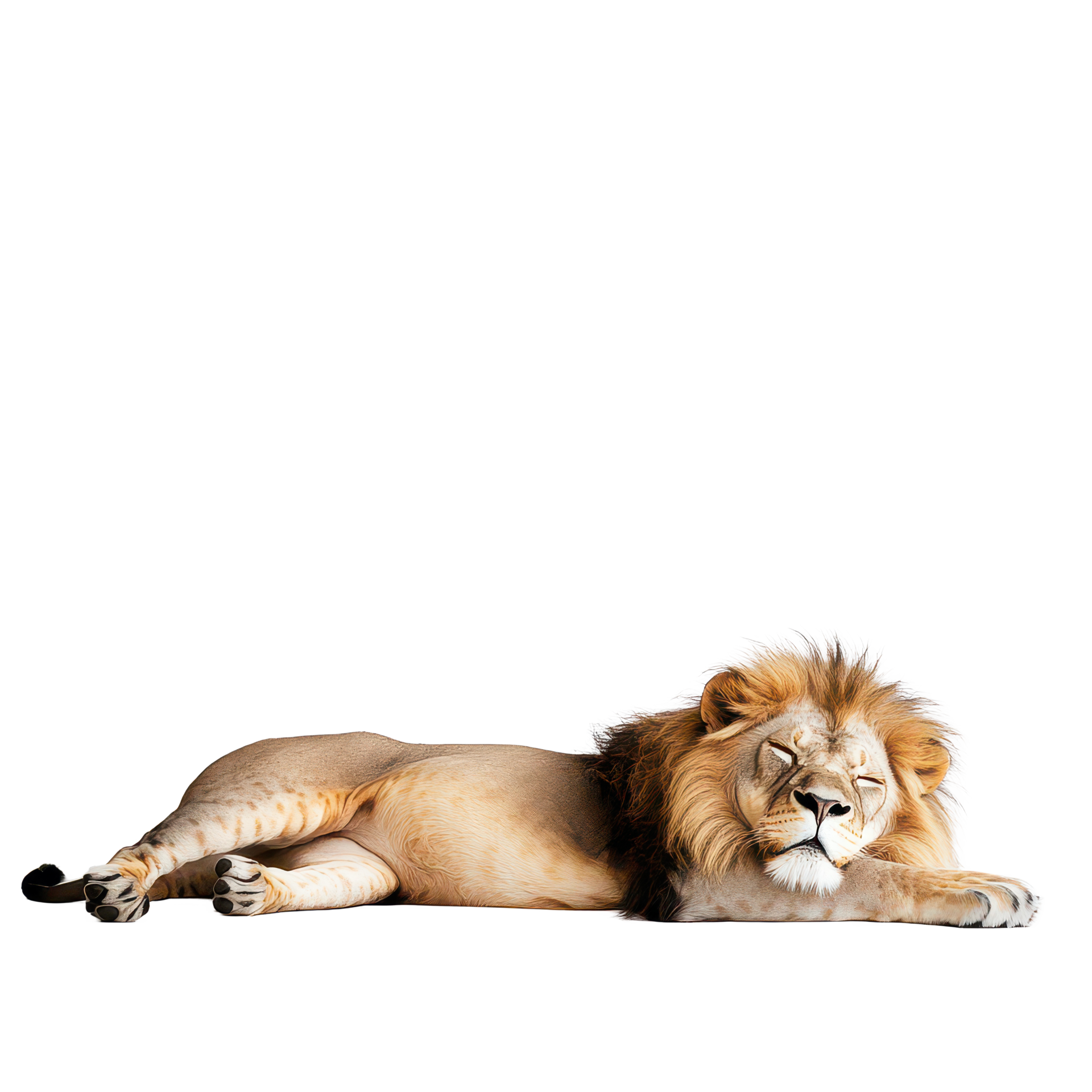 A majestic lion resting peacefully on a smooth transparent background in a calm and serene ...