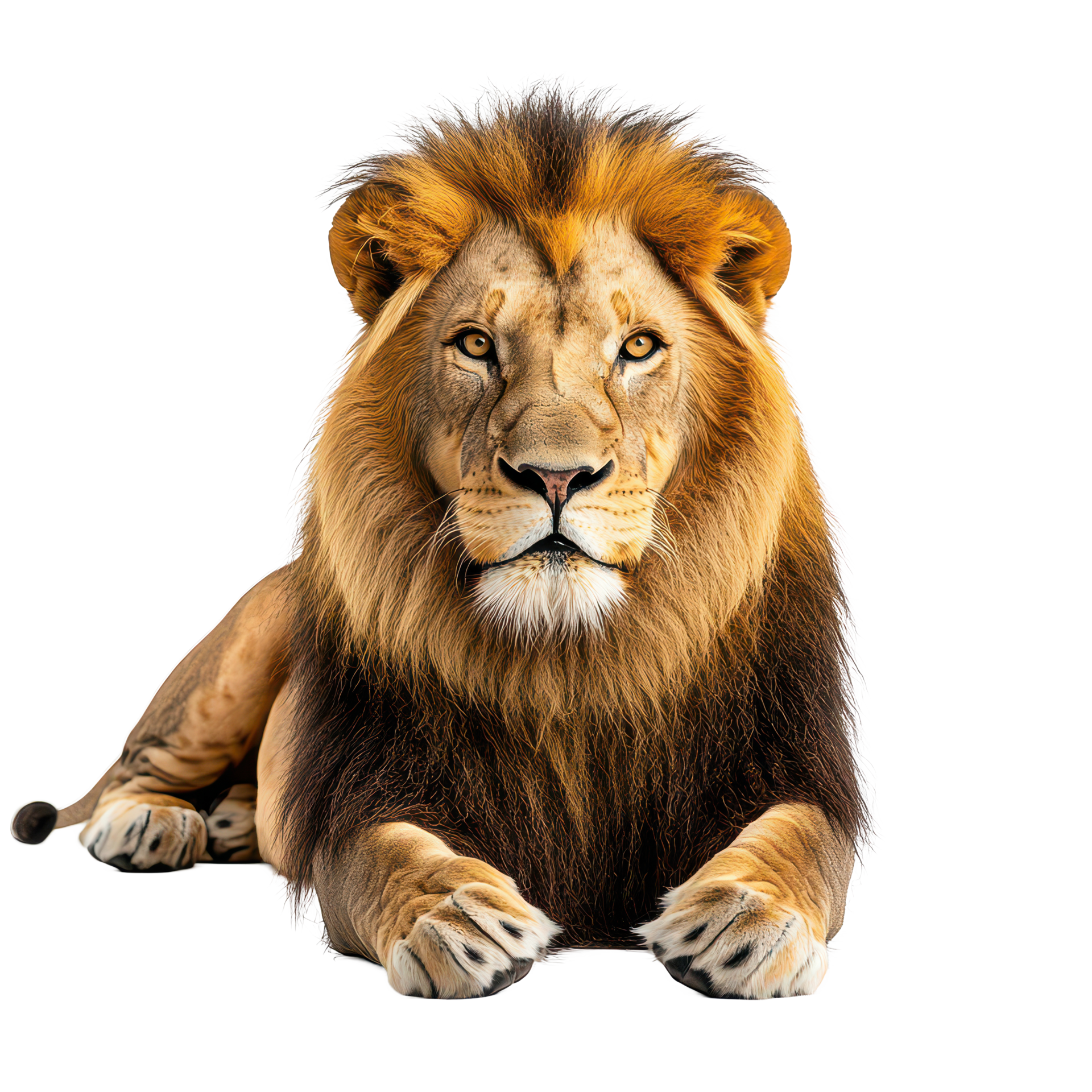 A majestic lion resting peacefully on a transparent background in a serene and calm setting, a ...