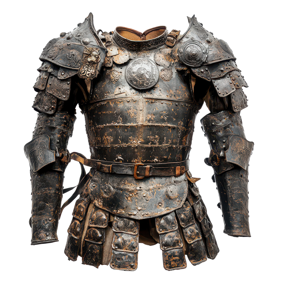 Detailed display of ancient warrior armor showcased in a rustic setting with historical ...