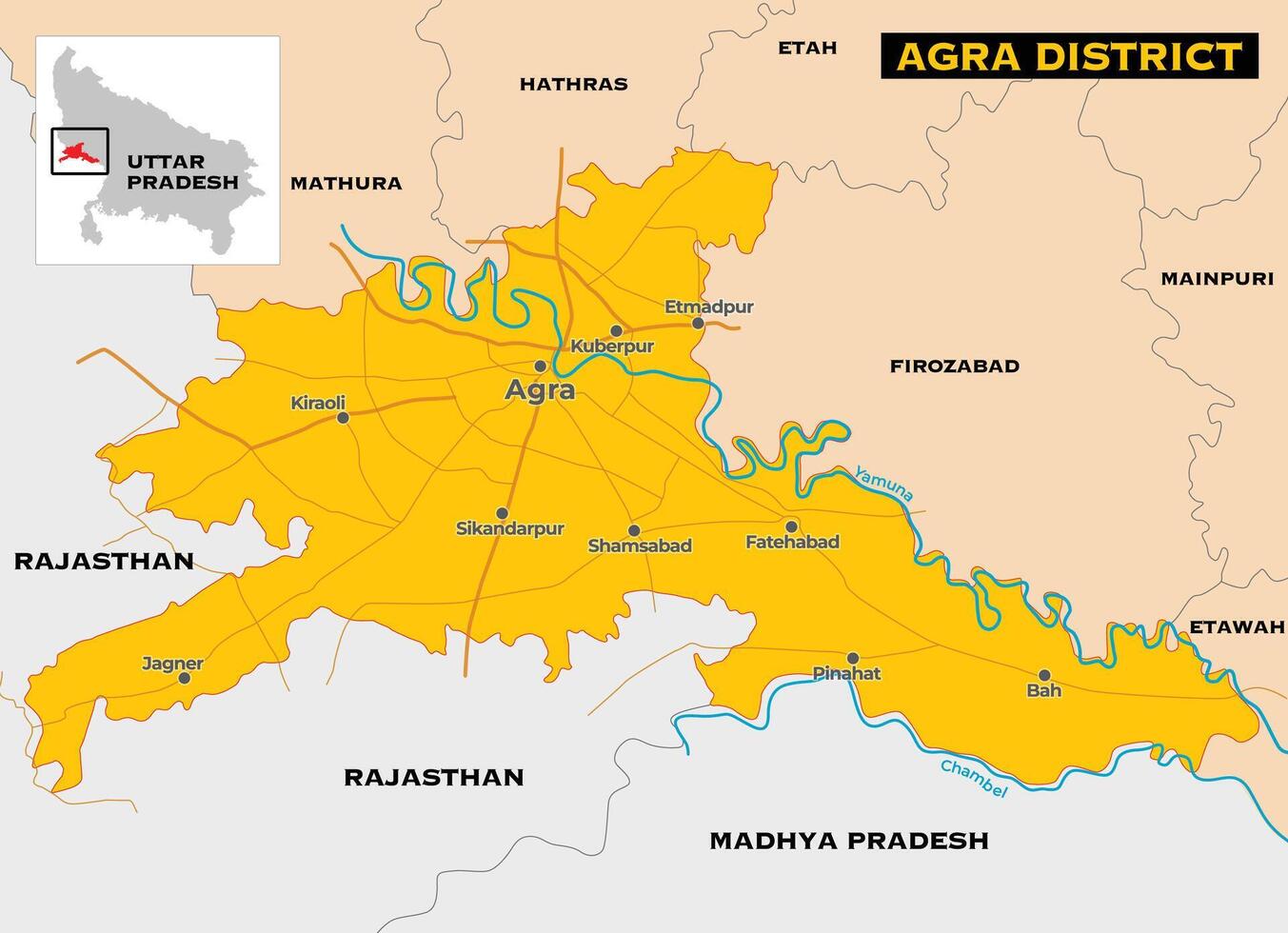 Detailed map of Agra city is a city of India, with major roads 53159200 Vector Art at Vecteezy
