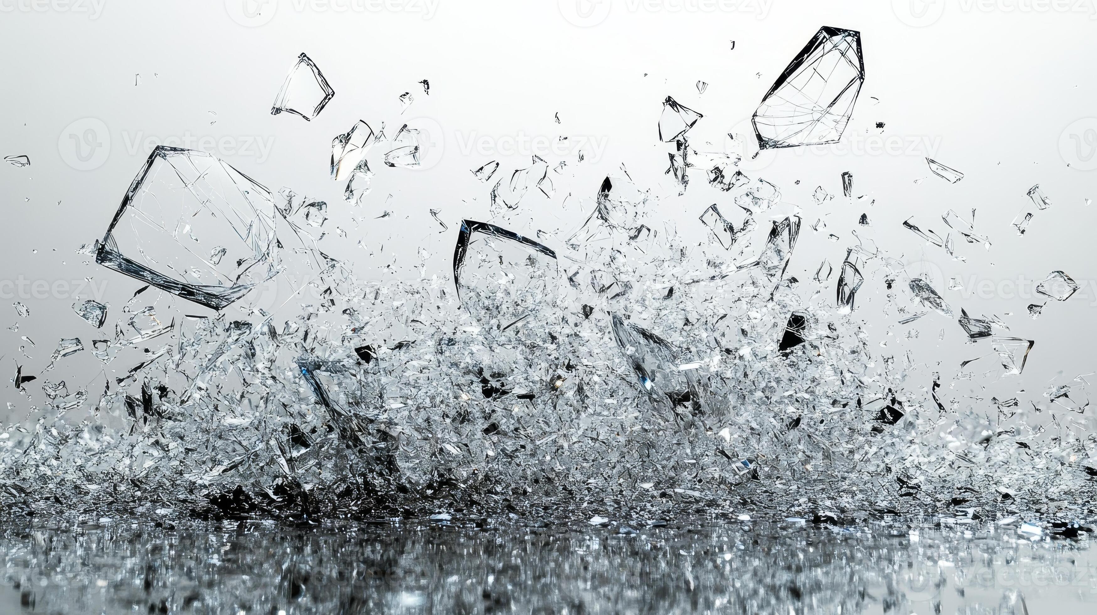 Tiny shards of glass scatter in all directions, creating a captivating display of motion and ...