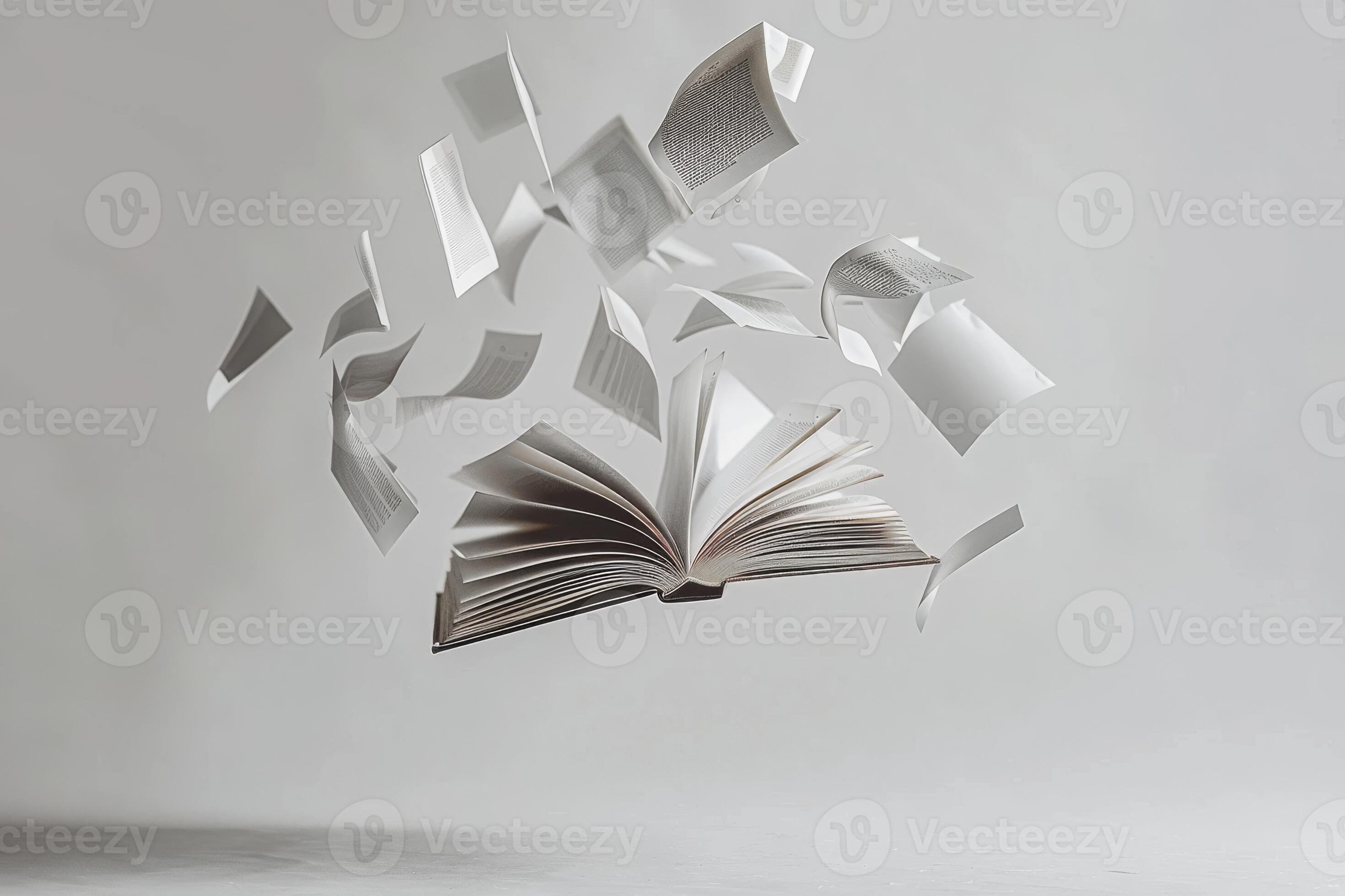 Modern and abstract artistic design featuring an open book with floating pages in a unique style ...