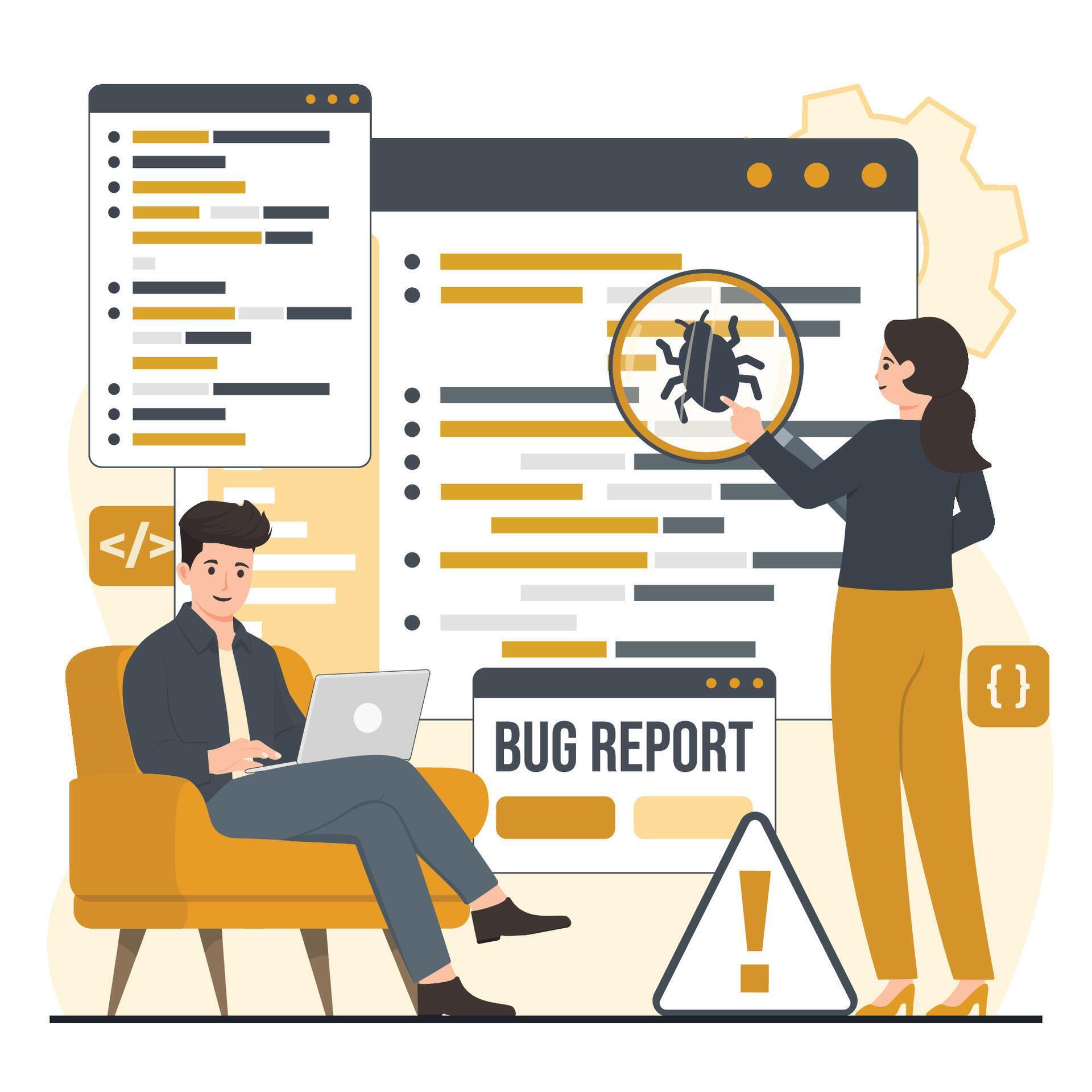 illustration of bug attack concept. Man and woman sitting on couch and looking for bugs in web ...