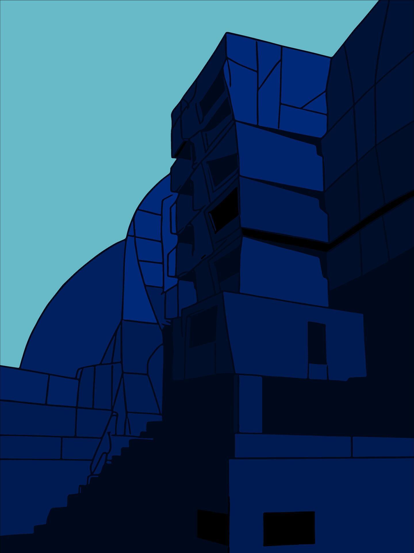 Bold angular building constructed with stacked blue geometric blocks ...
