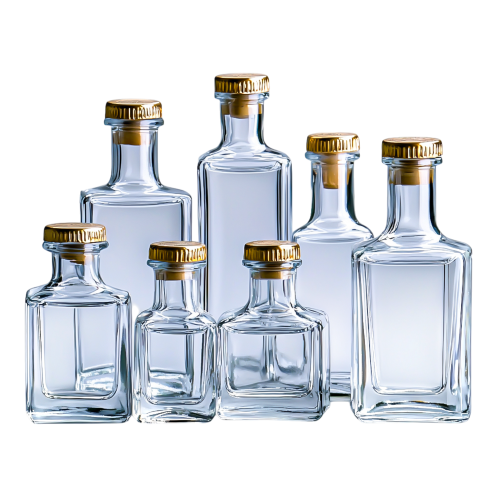 Variety Of Clear Glass Bottles With Gold Caps 53177555 Png
