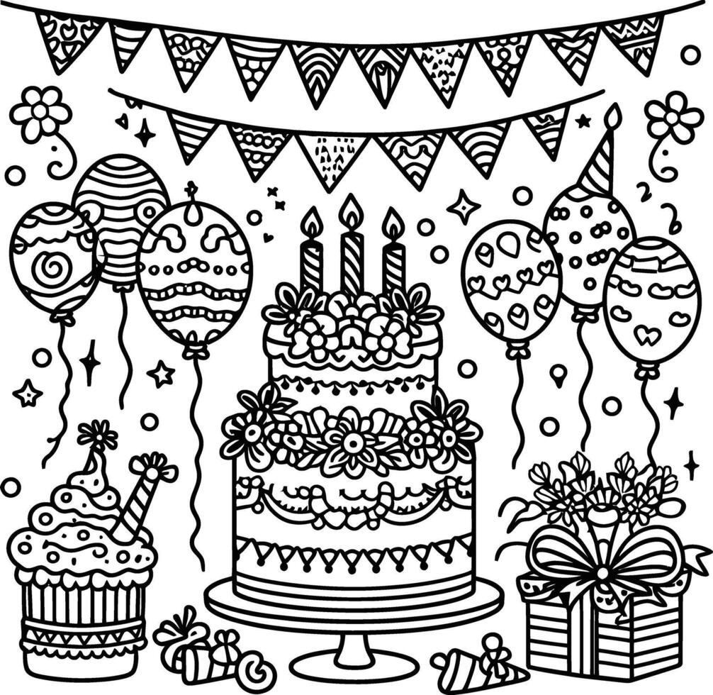 Birthday coloring pages for kids 53178775 Vector Art at Vecteezy