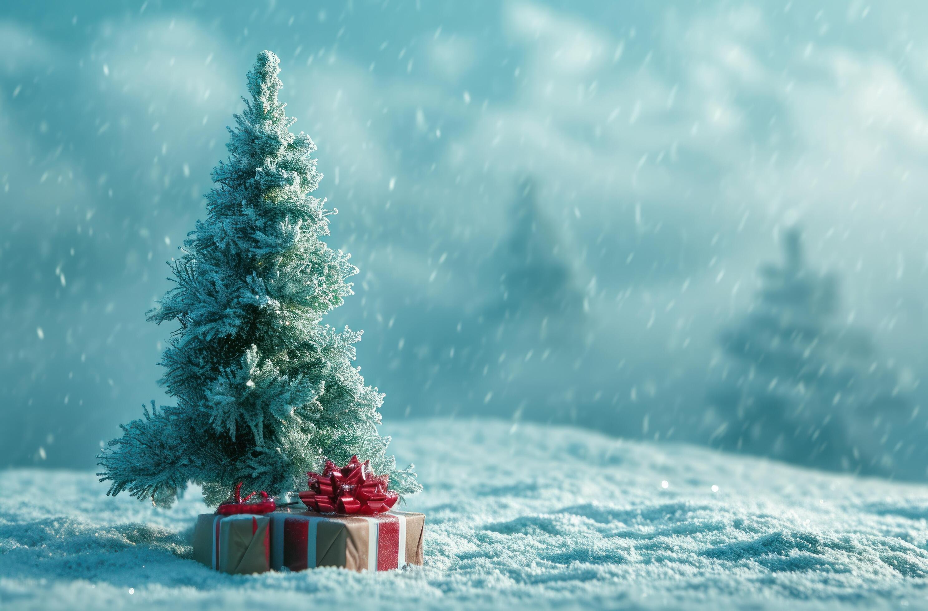 a small tree and presents in the snow 53193552 Stock Photo at Vecteezy