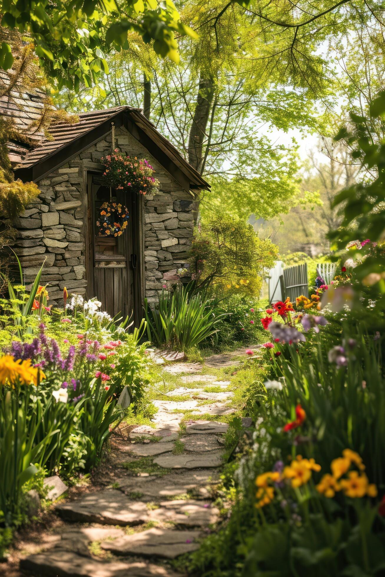 un Roca edificio con flores y un camino 53193851 Foto de stock en Vecteezy