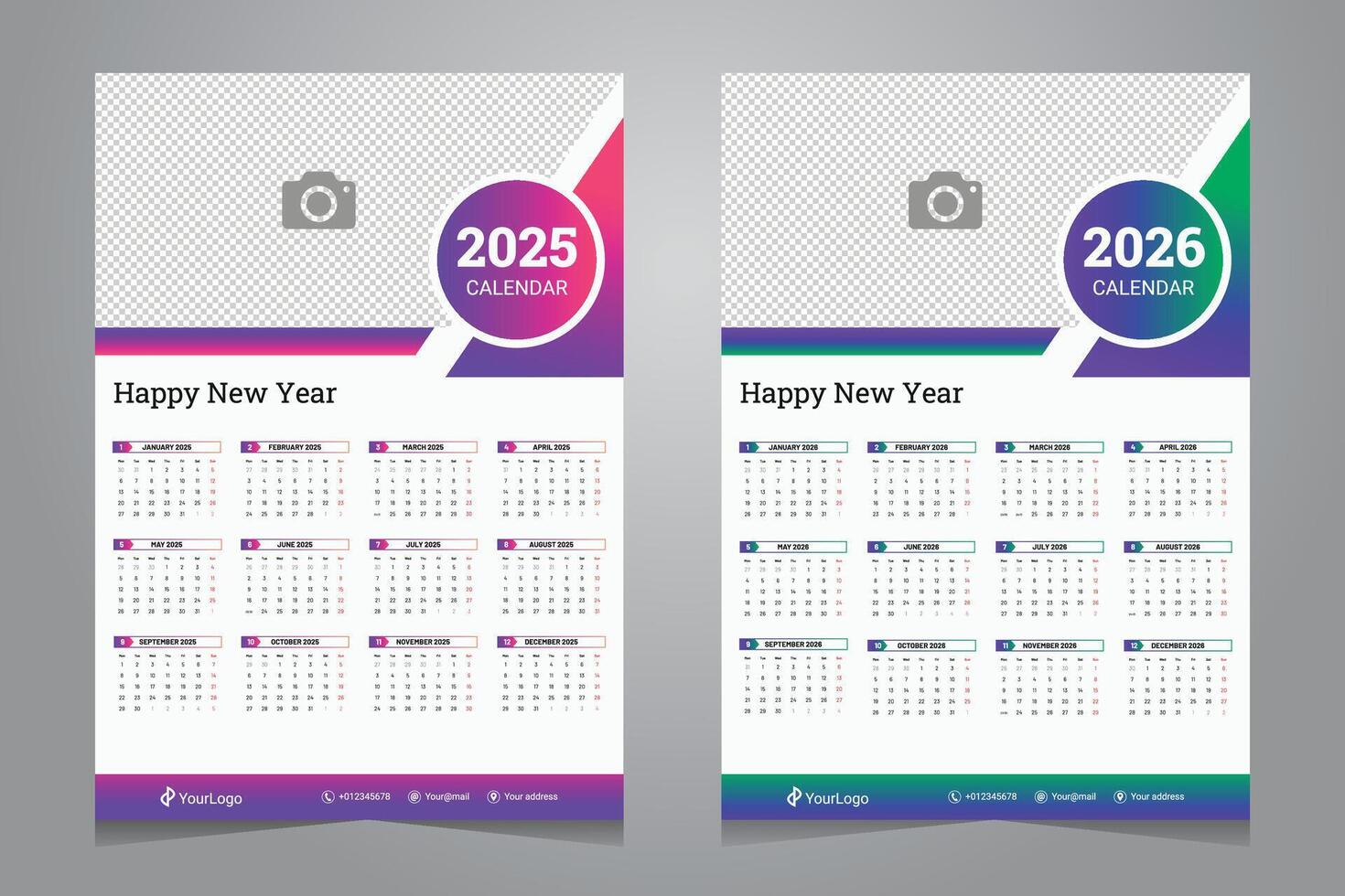 purple and blue wall calendar design for 2025 and 2026 with abstract ...