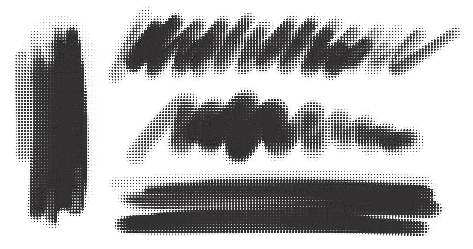 Halftone noisy gradient paint brush stroke. Dotted blobs. Abstract grunge elements isolated on ...