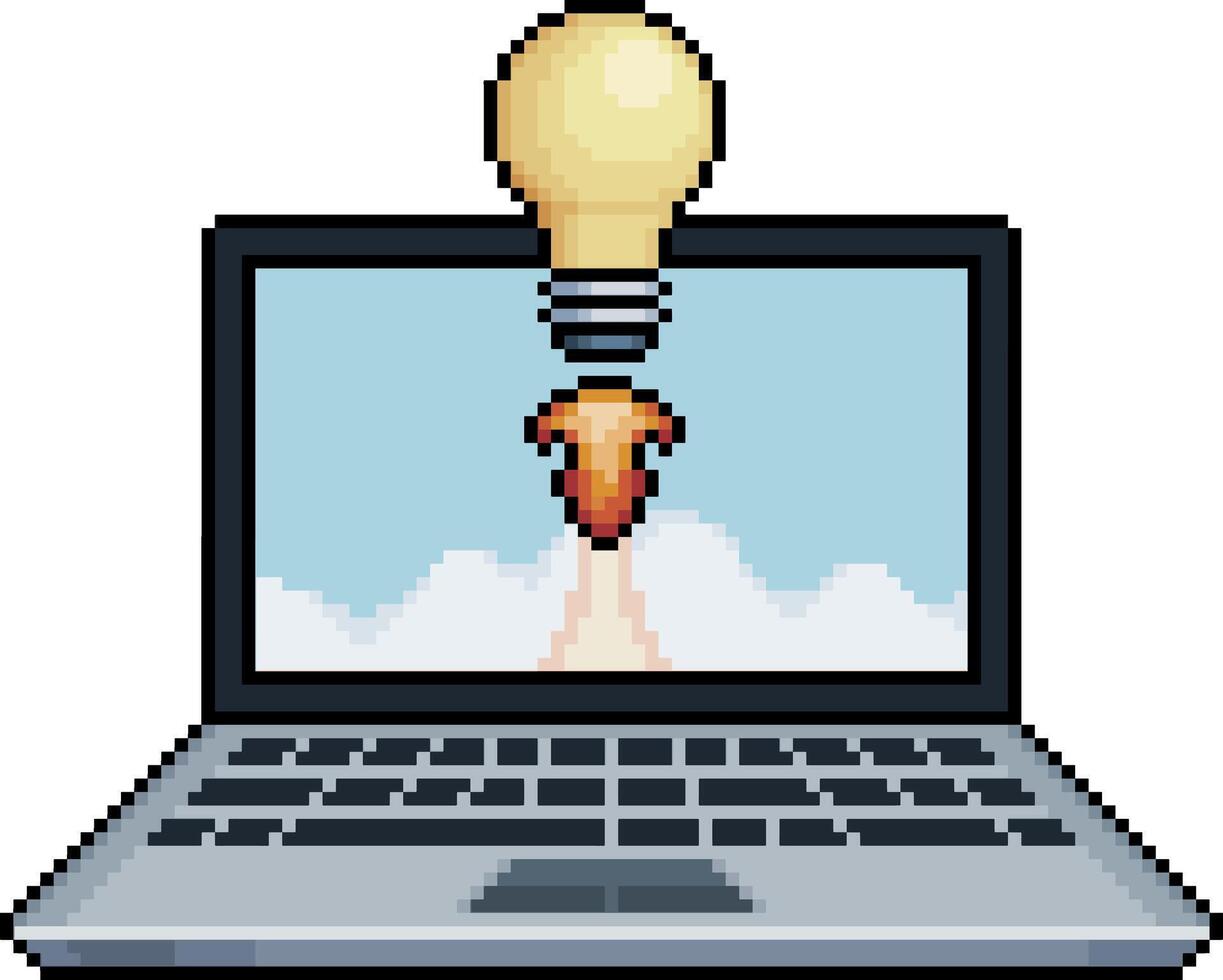 Pixel art laptop with light bulb taking off from the screen in 8 bit ...