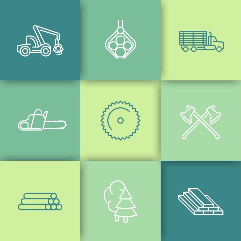 Logging, Forestry, Timber, Tree Harvester, logging truck, line icons ...