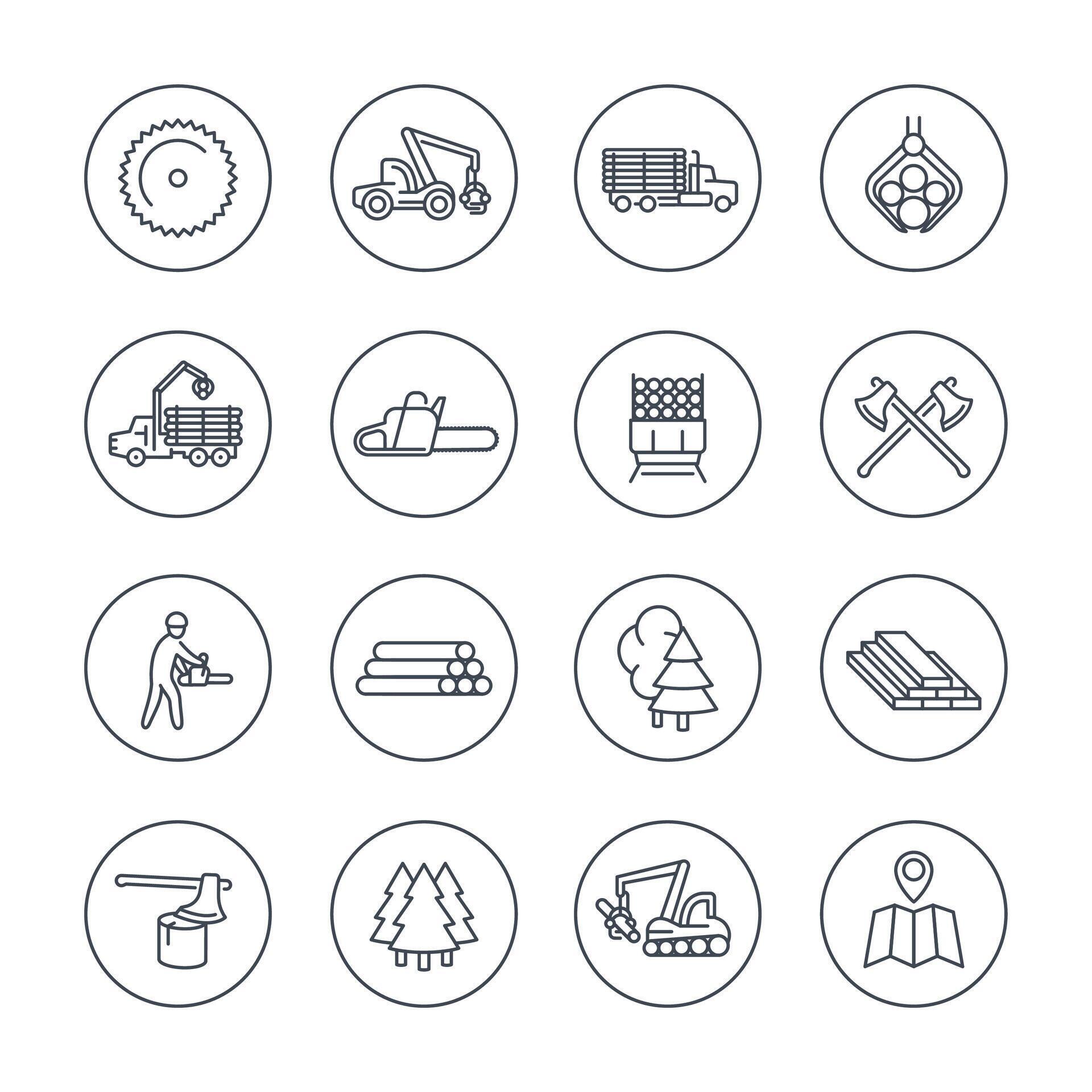 Logging, sawmill line icons in circles, logging truck, tree harvester ...