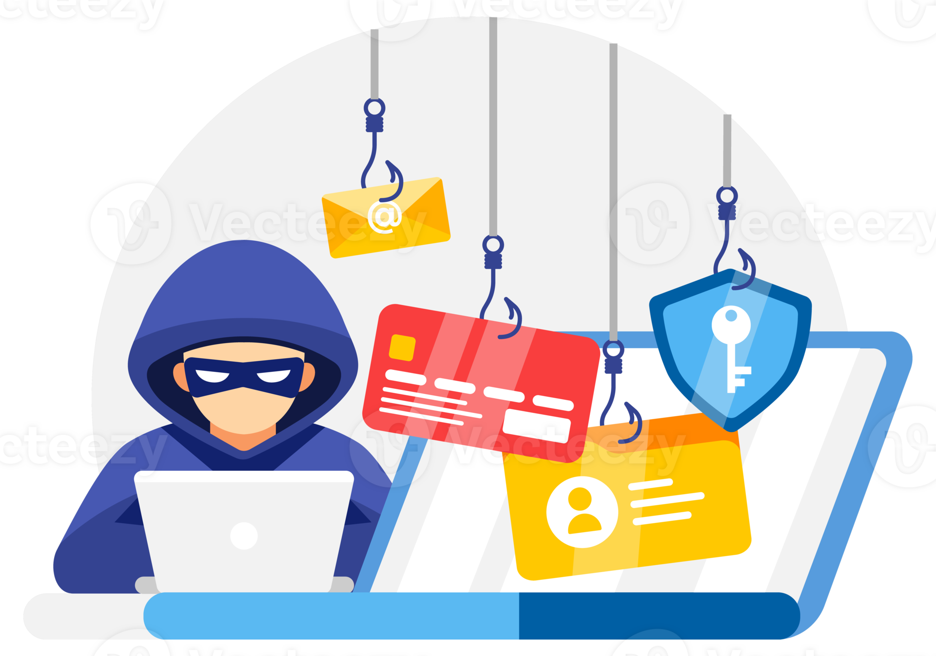 Cybersecurity concept illustration showing a hacker with phishing hooks ...