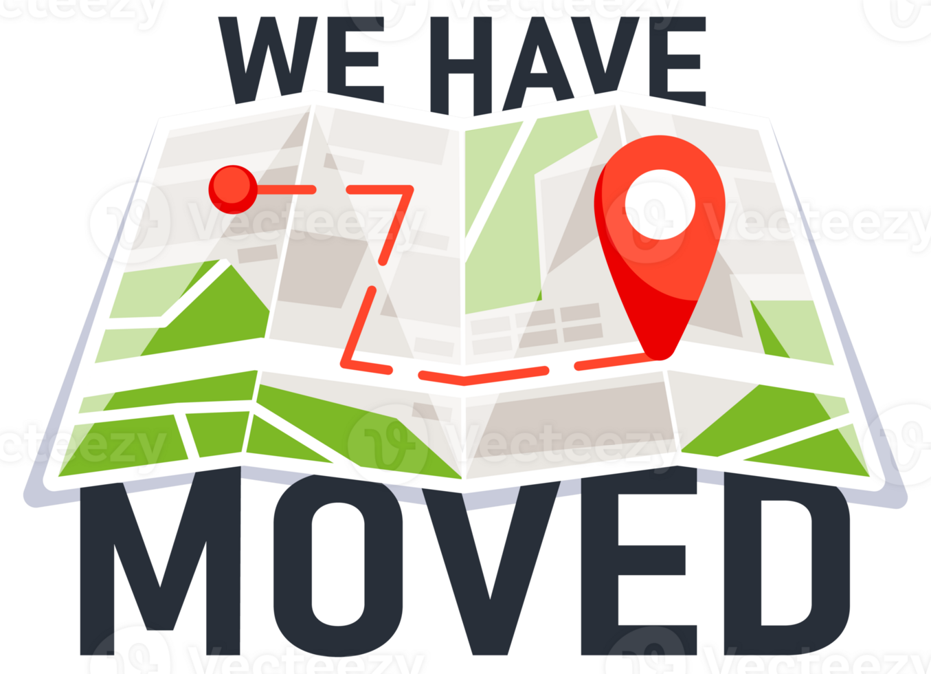 We have moved. Moving office sign. Navigation map with point. We are moving from one address to ...