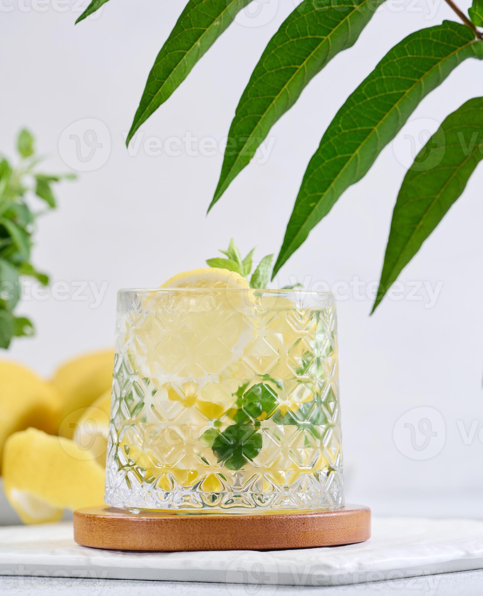 Transparent glass with lemon slices, mint leaves and ice cubes on white table 53229778 Stock ...