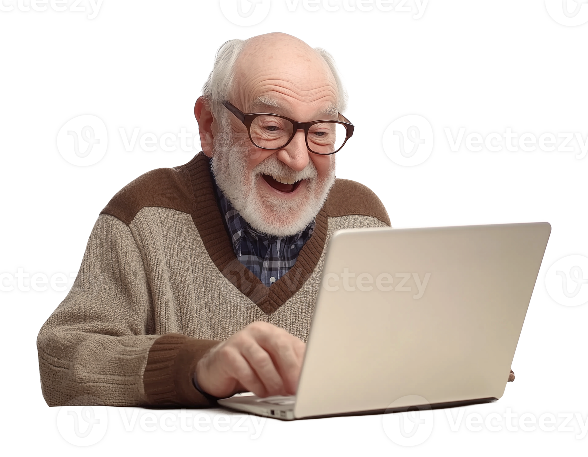 Happy Grandfather Old Man Using Laptop Isolated on Transparent ...