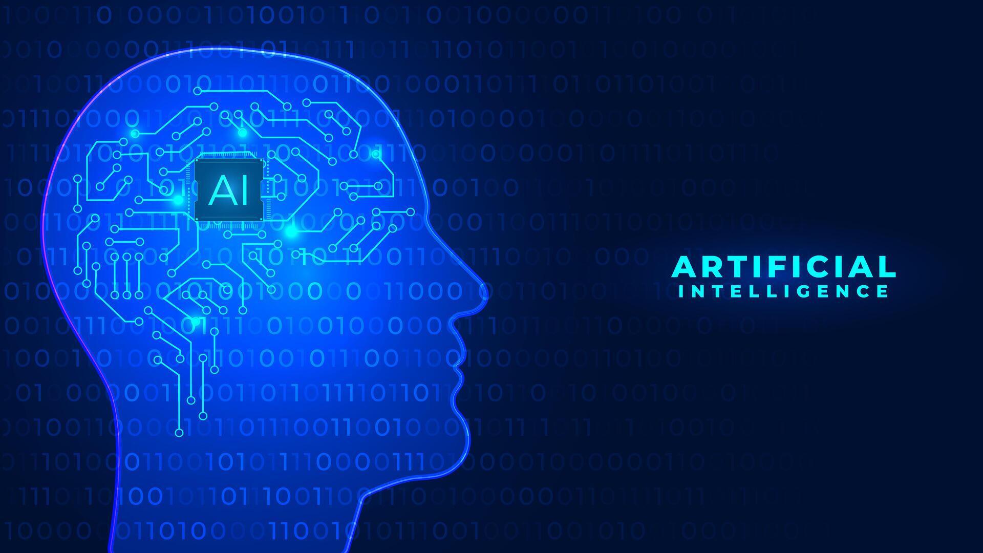 Artificial Intelligence illustration. Digital brain human head outline chipset circuit board and ...