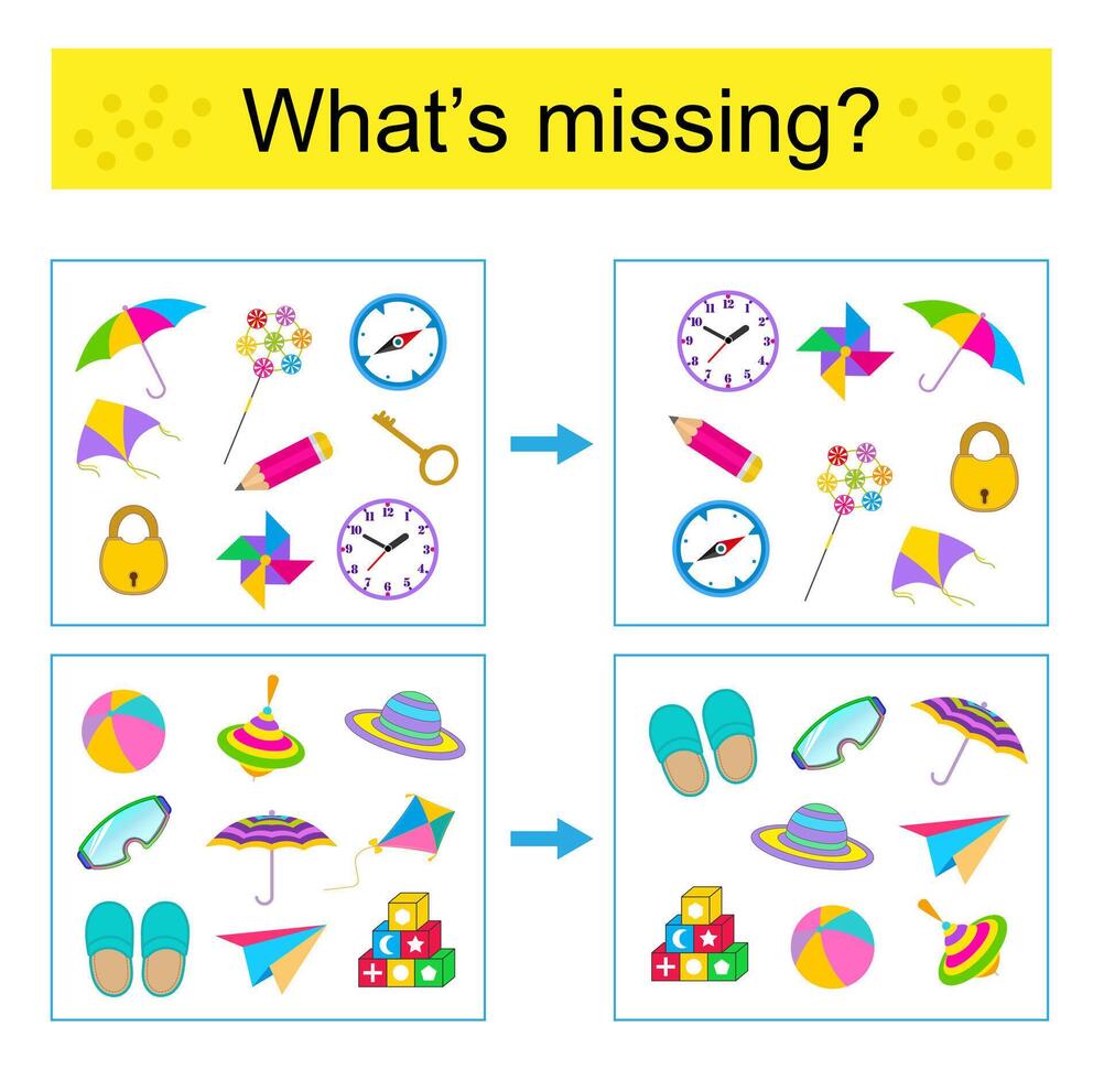 Puzzle game for kids. Task for the development of attention and logic. Find the missing object ...