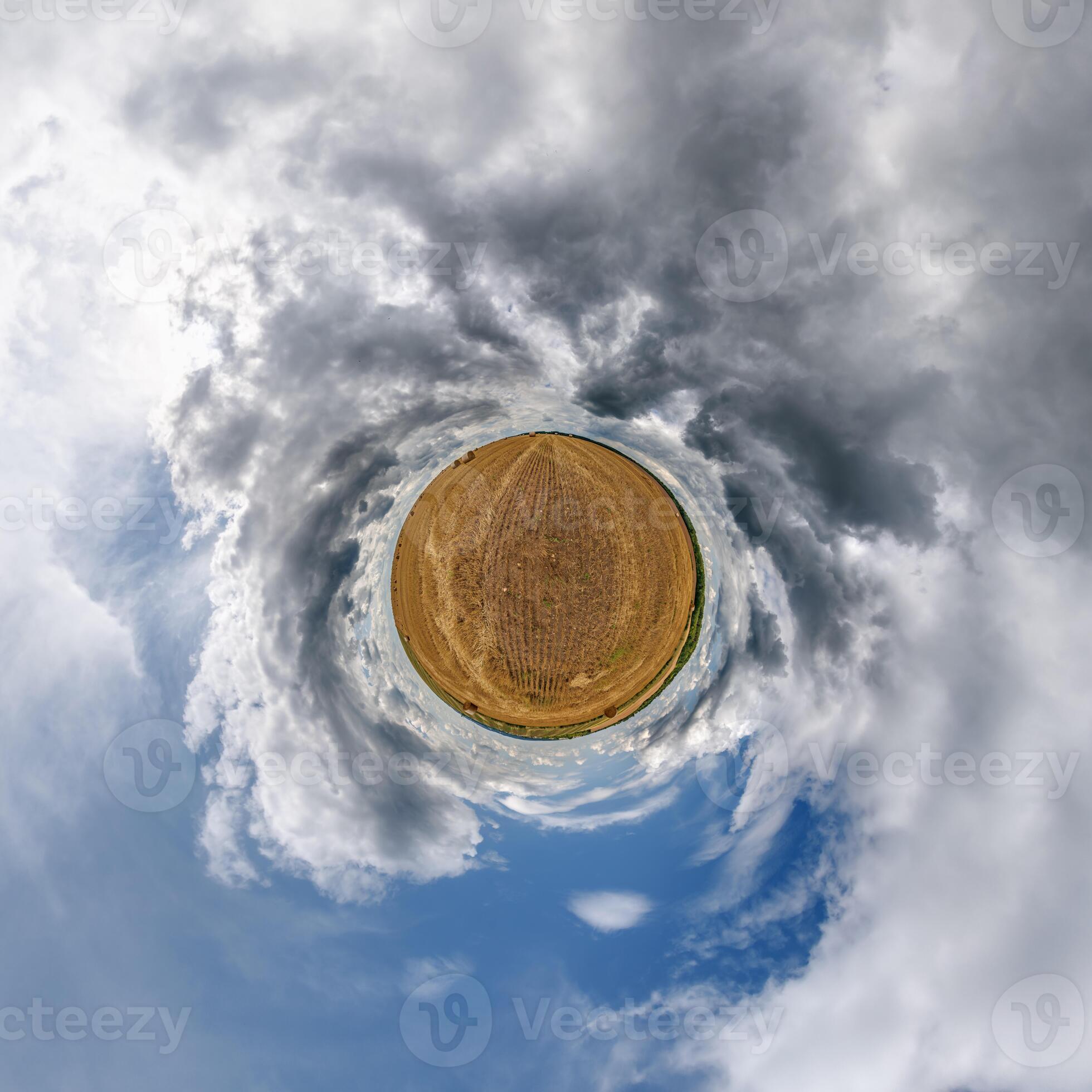simple little tiny planet without buildings in blue sky with sun and ...