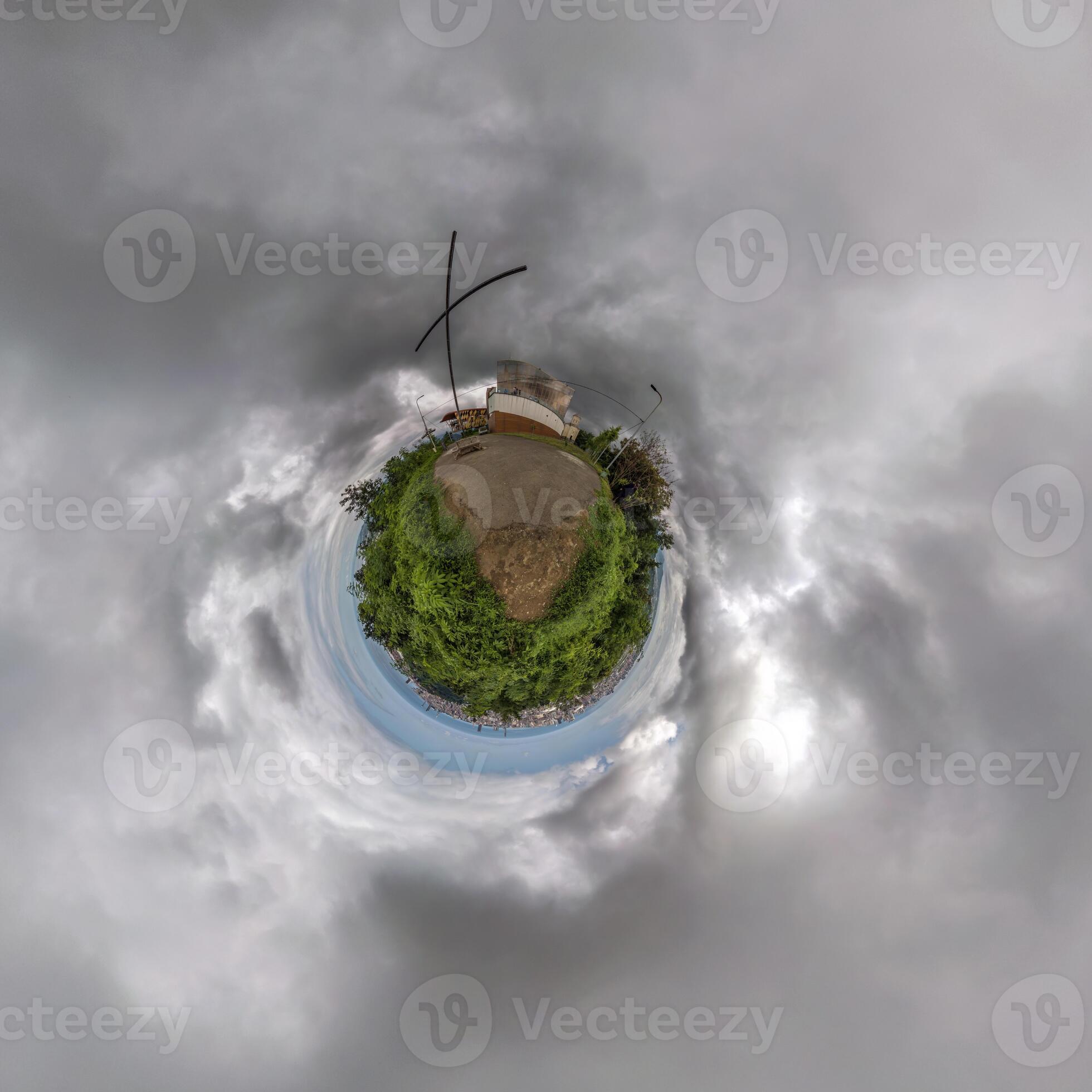 simple little tiny planet without buildings in blue sky with sun and ...