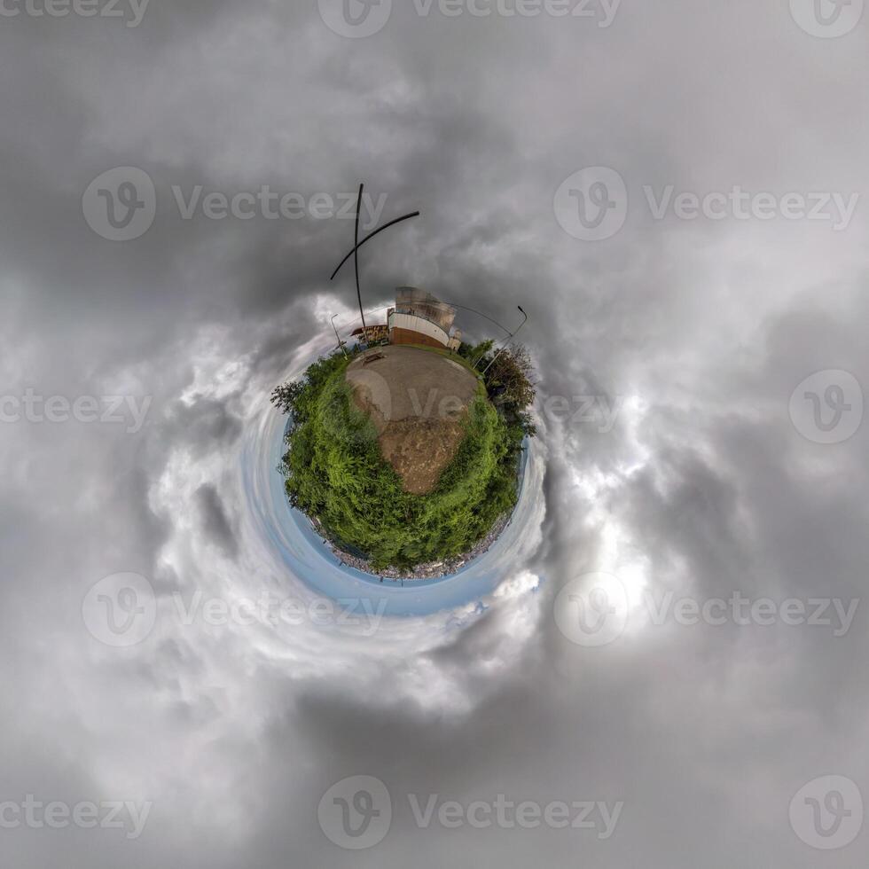 simple little tiny planet without buildings in blue sky with sun and ...