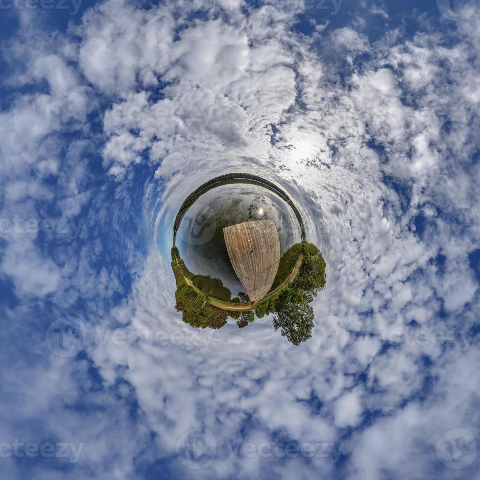 simple little tiny planet without buildings in blue sky with sun and ...
