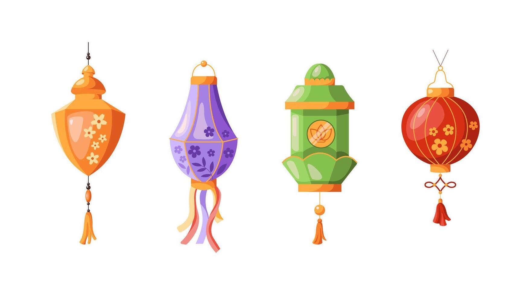 Vintage Chinese paper lanterns flat color objects set. Oriental festive ...