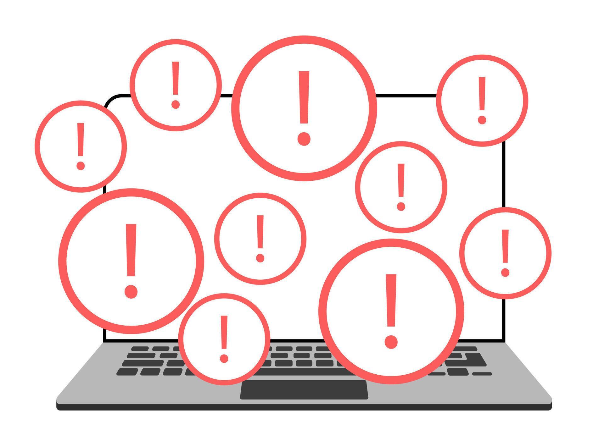 Warning signs indicating errors or alerts on a laptop screen suggesting urgent attention needed ...