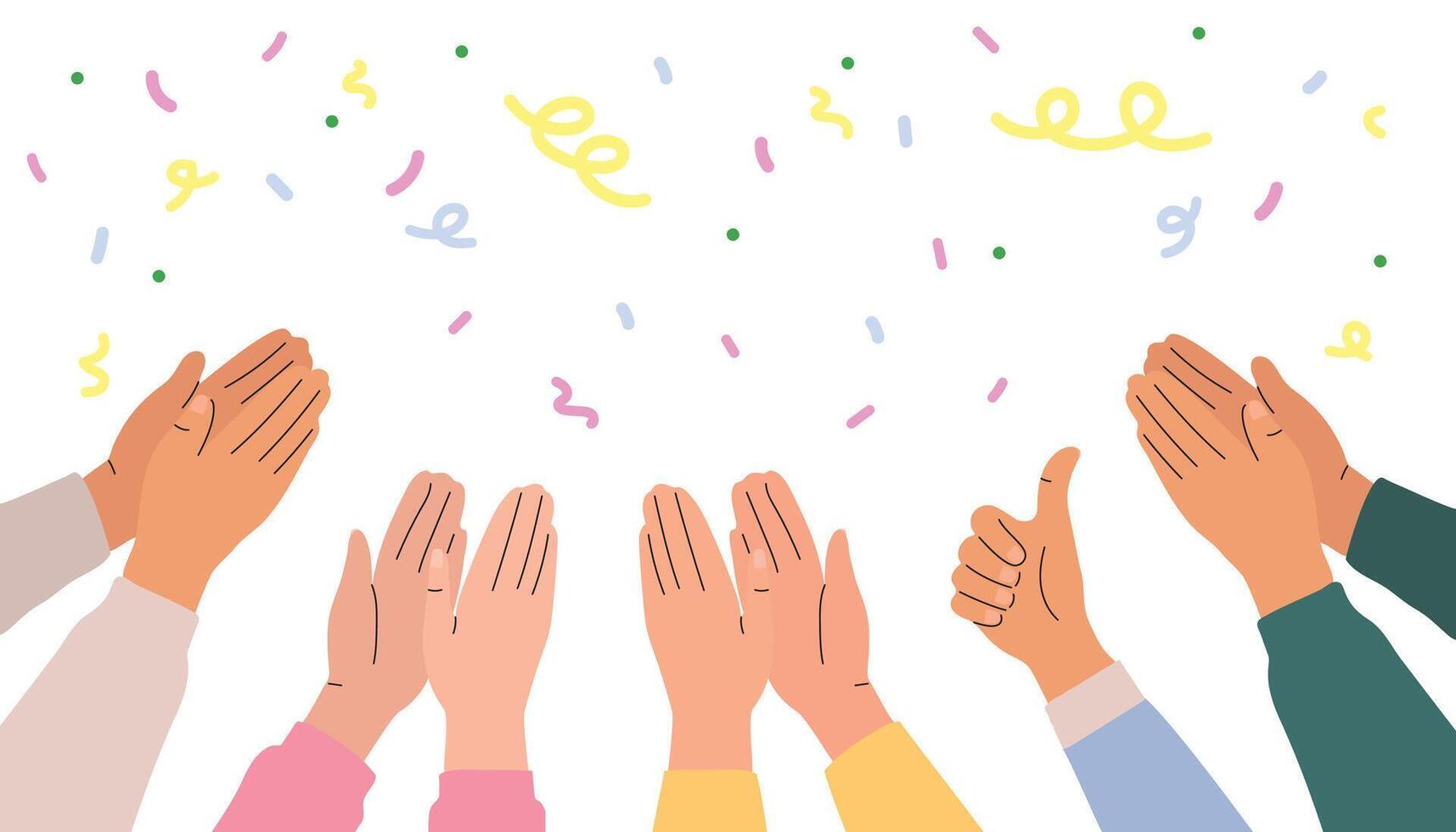 Illustration of hands clapping on a background with confetti. Crowd applause and congratulations ...